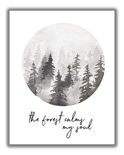 Evergreen Pine Trees in Foggy Mountain Forest Watercolor Motivational Wall Art - 11x14 UNFRAMED Abstract Nordic-Look Decor Print. Calming, Zen, Neutral Shades of Gray & White. The Forest Calms My Soul