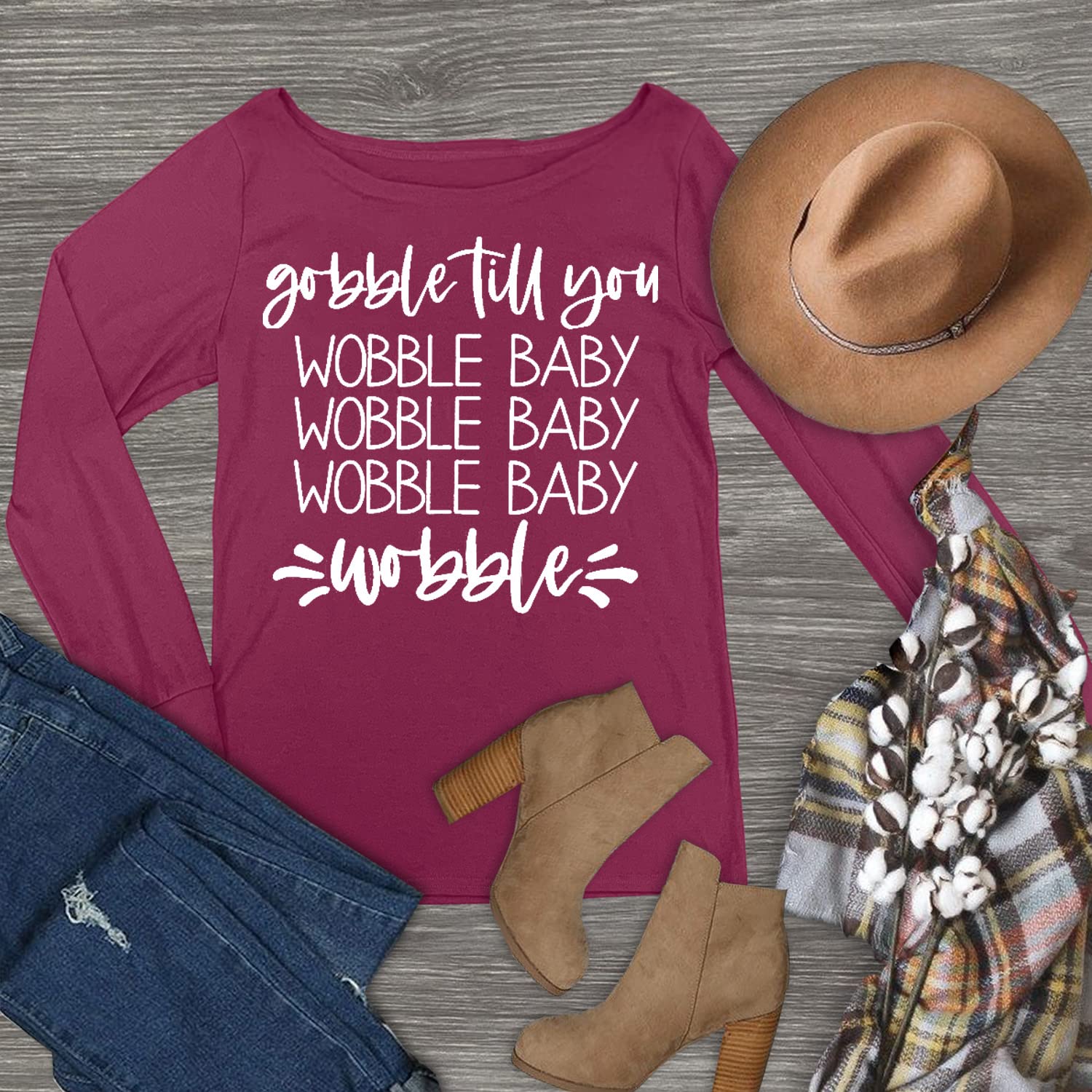 Fog G and PL Women's Thanksgiving Off Shoulder Long Sleeve Top Shirt Blouse Sweatshirt Wobble Baby L