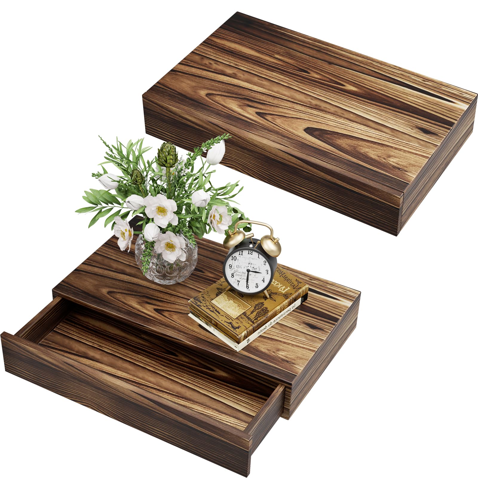 SAINT NIEVE 2 Packs Rustic Wood Floating Shelf with Drawer, Stylish Wall Mounted Nightstand for Bedroom, Living Room, Kitchen, Space-Saving Design, Ideal Storage Solution (Black)