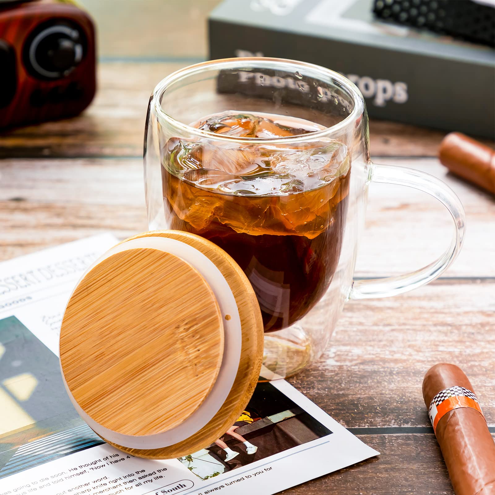 Eccliy 4 Pcs 12oz Glass Coffee Mugs with Bamboo Lids Insulated Double Walled Glass Coffee Cups Clear Tea Mug Glass Tea Cups with Handles for Hot or Iced Coffee Milk Tea Beverage Cappuccino Latte