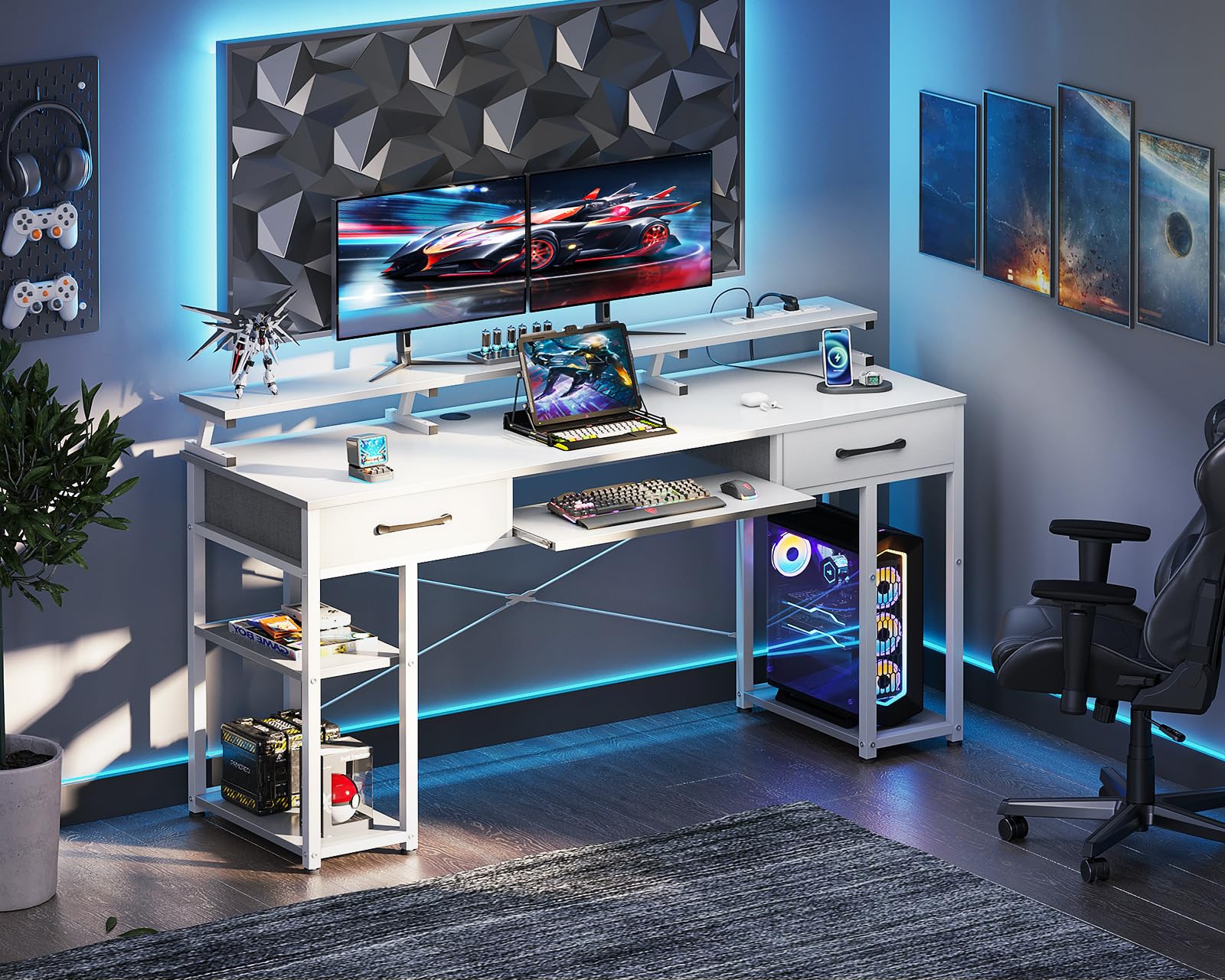 ODK Computer Desk with Drawers, 55 Inch Office Desk with Power Outlet and Keyboard Tray & Storage Shelves & PC Stand, Office Table Work Desk with Monitor Stand, White
