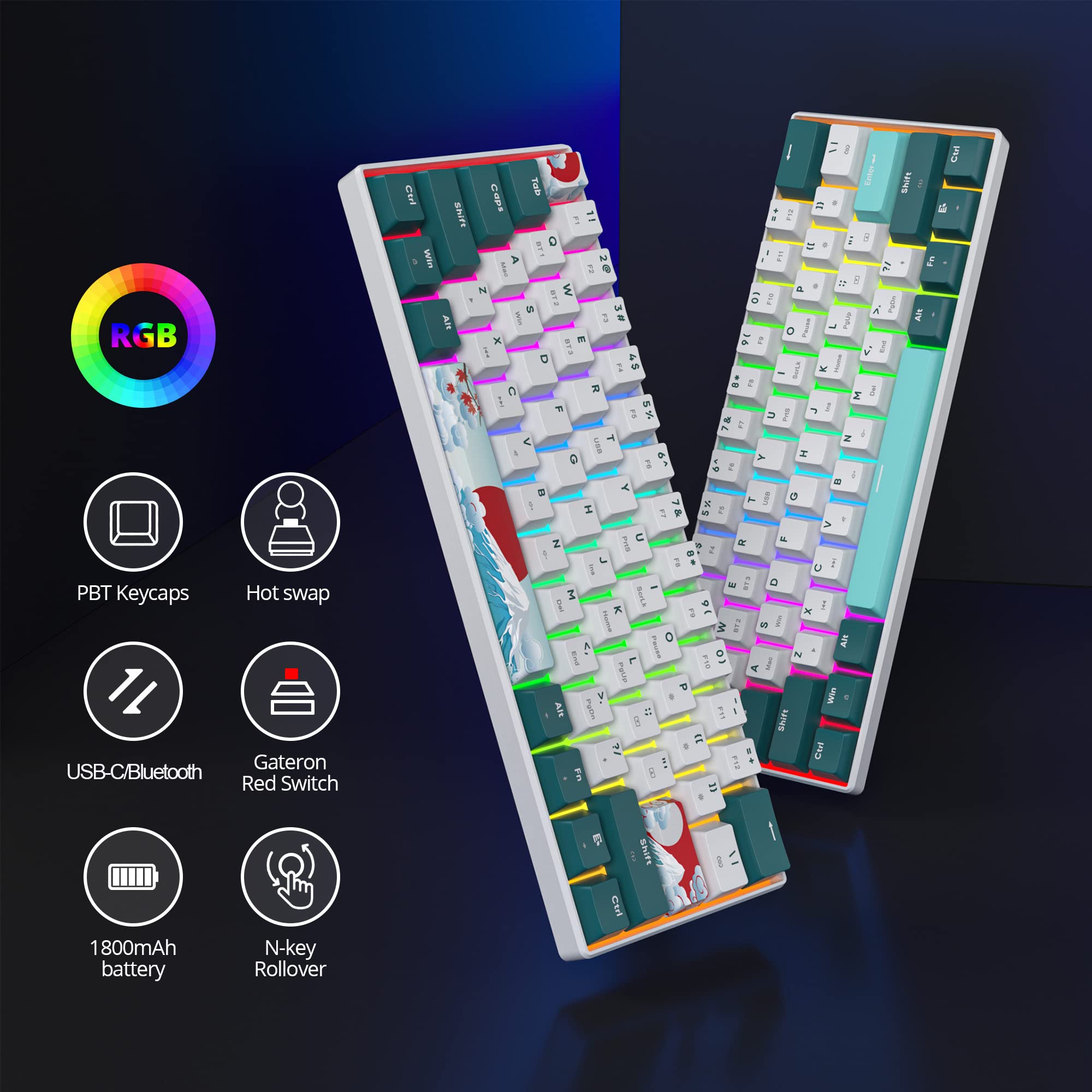 Fogruaden 60% Wireless Mechanical Keyboard,USB-C Wired/Bluetooth Keyboard with RGB Backlit for Win/Mac, 61 Keys NKRO Gaming Keyboard,Compact Mini 60 Percent Keyboard(Outemu Blue Switch,Miami)