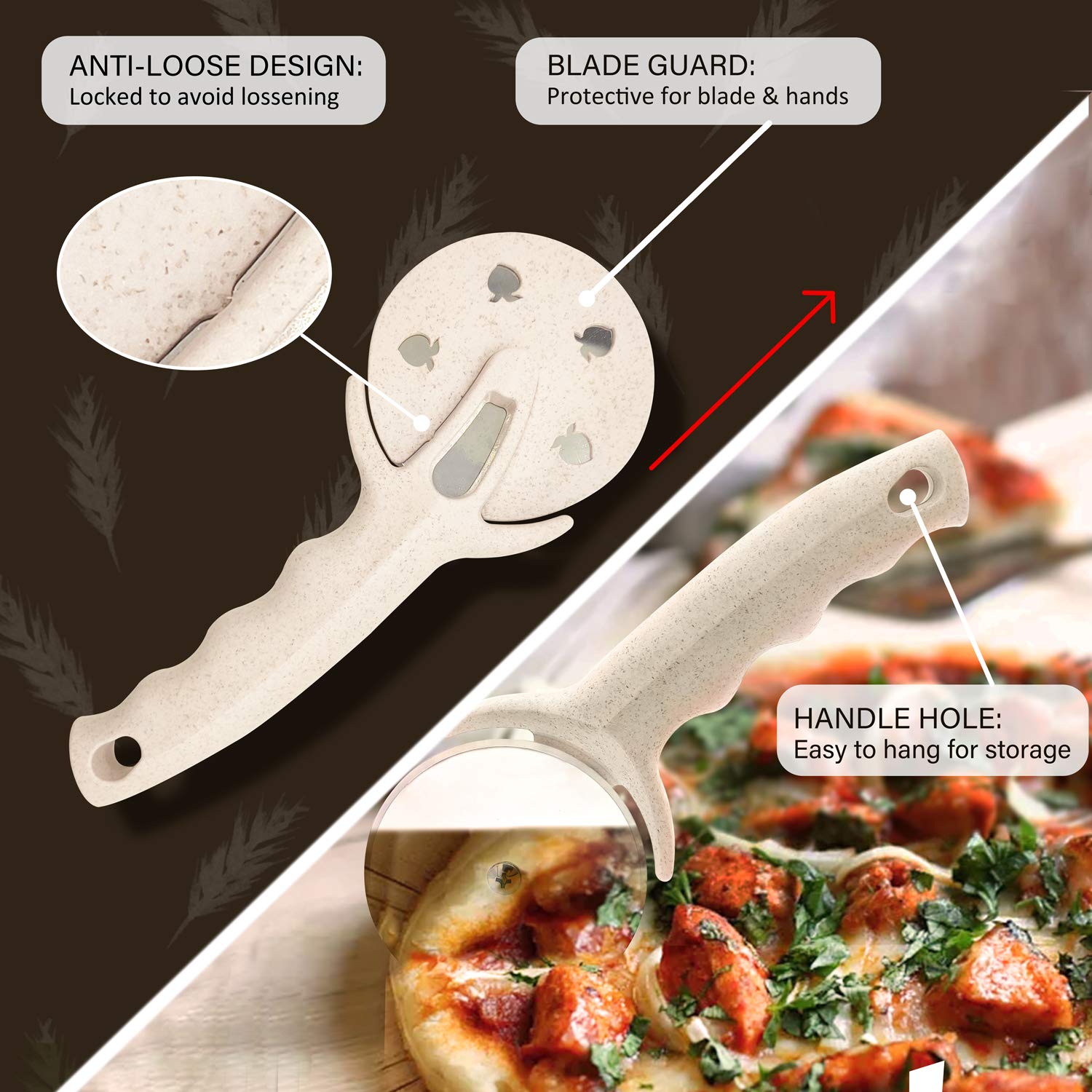 HELEERON Pizza Cutter Wheel, Stainless Steel Pizza Cutter with Cover, Super Sharp Pizza Slicer-Dishwasher safe,Smooth Rotating Pizza Wheel Safe with Healthy Material(Beige)