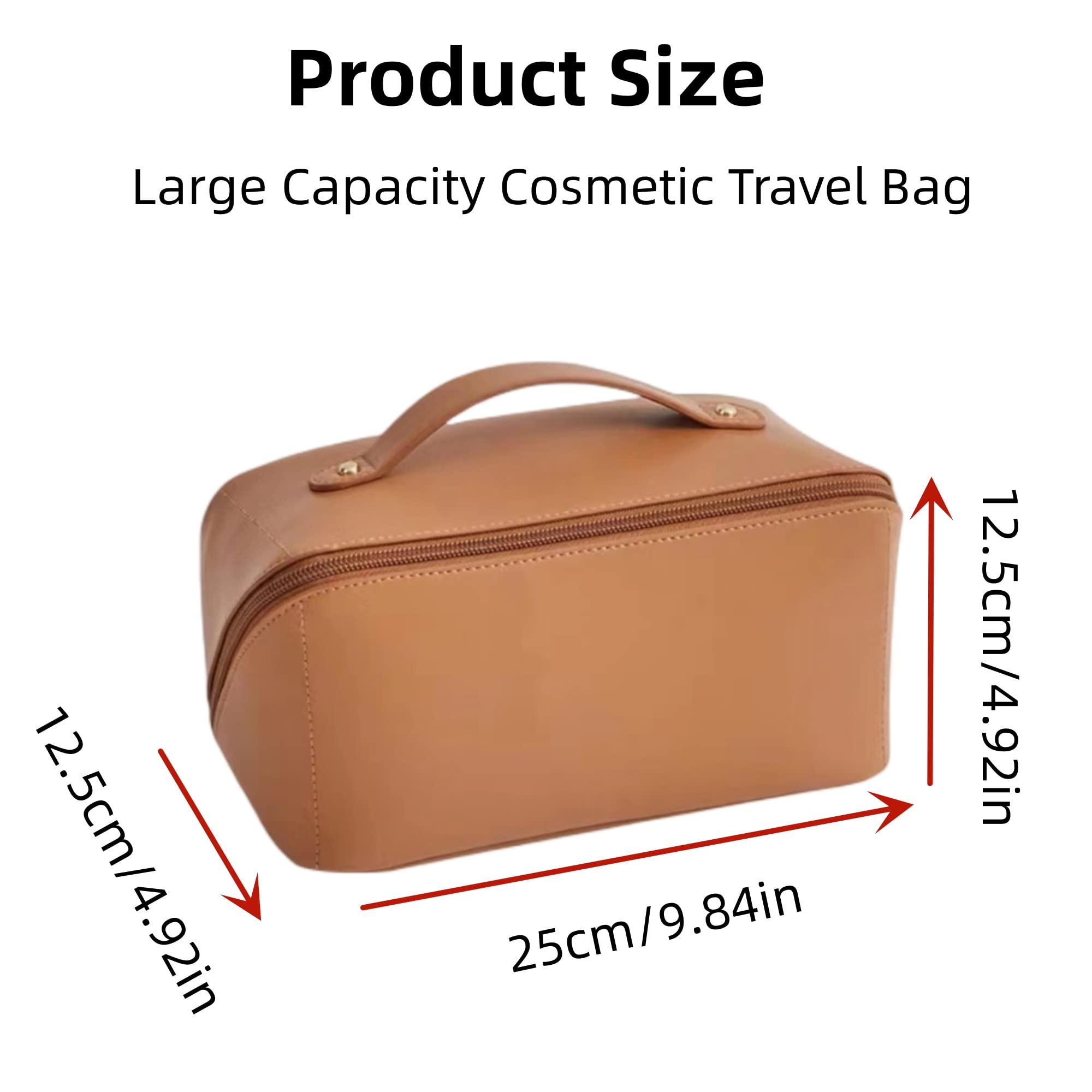KMUG Large Capacity Travel Cosmetic Bag for Women, Multifunctional Storage Makeup Bag, Waterproof Pu Leather Compartment Cosmetic Cases with Handle and Divider Portable Makeup Pouch (Brown)