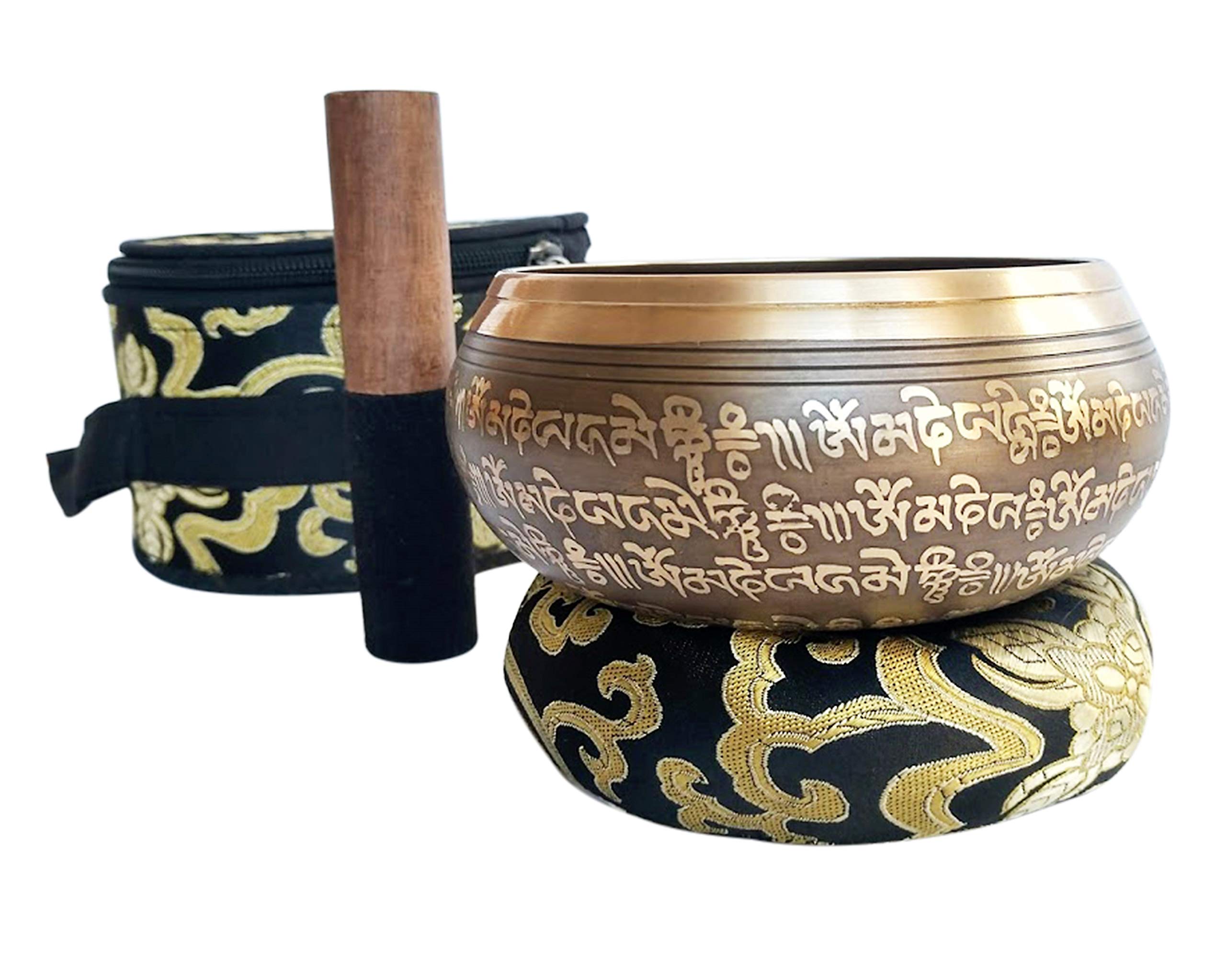 Tibetan Singing Bowl Set 4" ~ Bronze Mantra Design ~ With Carry Case, Dual Surface Mallet, Silk Cushion, and FREE Meditation e-book ~ Promotes Peace, Chakra Healing, and Mindfulness