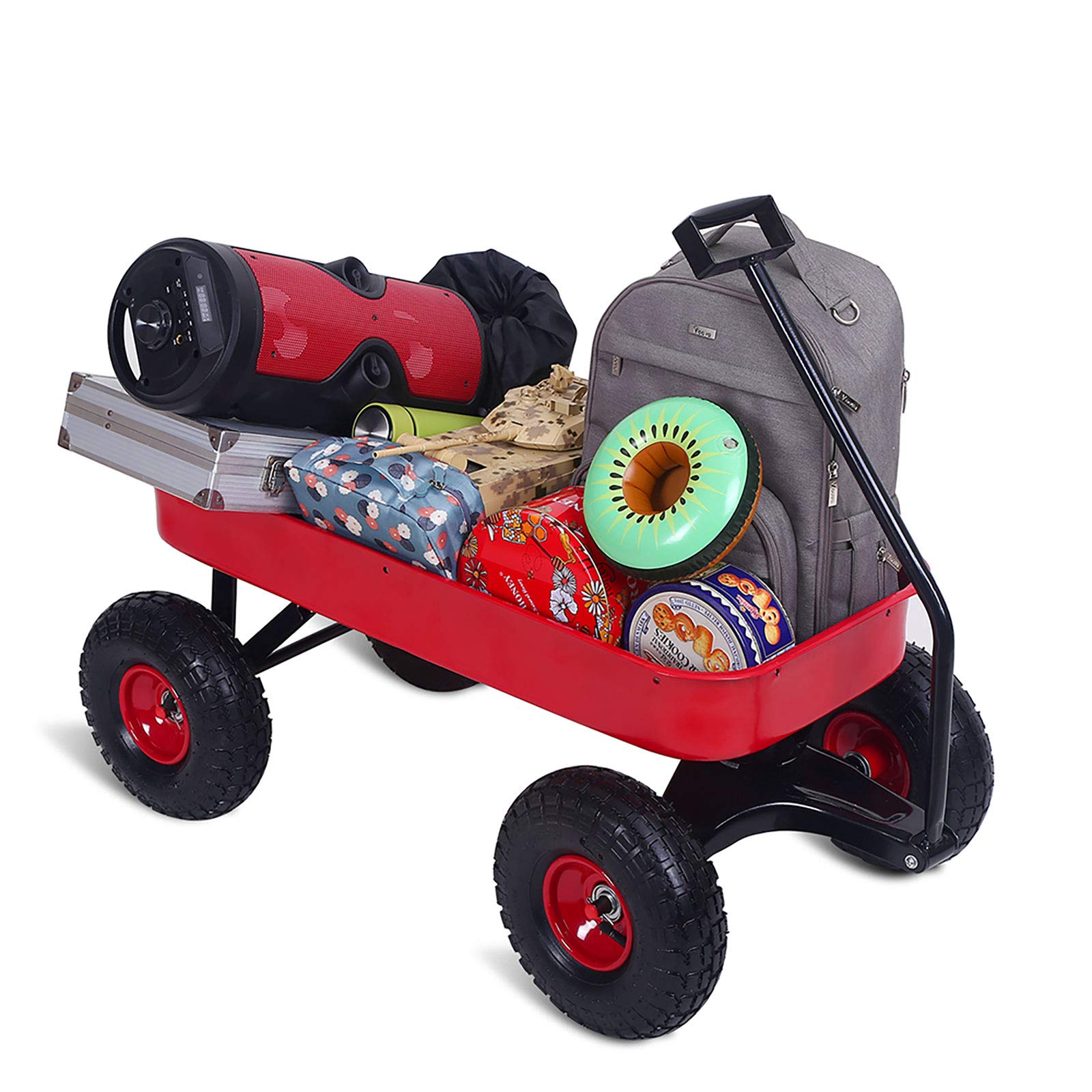 fansmart 39" Pull -Along Wagon for Kids with Pulling Wood Railing Panels Outdoor Wagon 10" All Terrain Air Tires 330 lbs Capacity for Beach, Garden, Sporting Events, Park(Red)