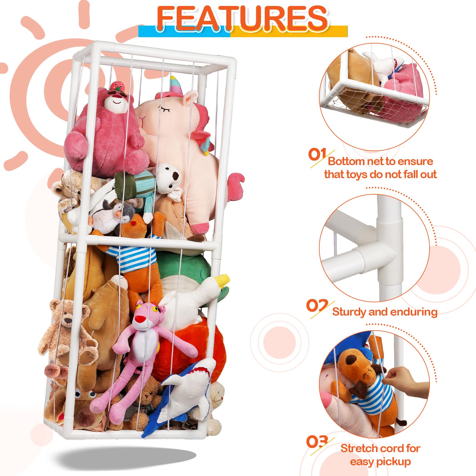 Lzttyee Stuffed Animal Storage Holder Stuffed Animal Zoo Storage Ideas Plush Storage with Bottom Net Stuffed Animal Zoo Storage Cage for Nursery Playroom Bedroom Toy Organizer (White Large)