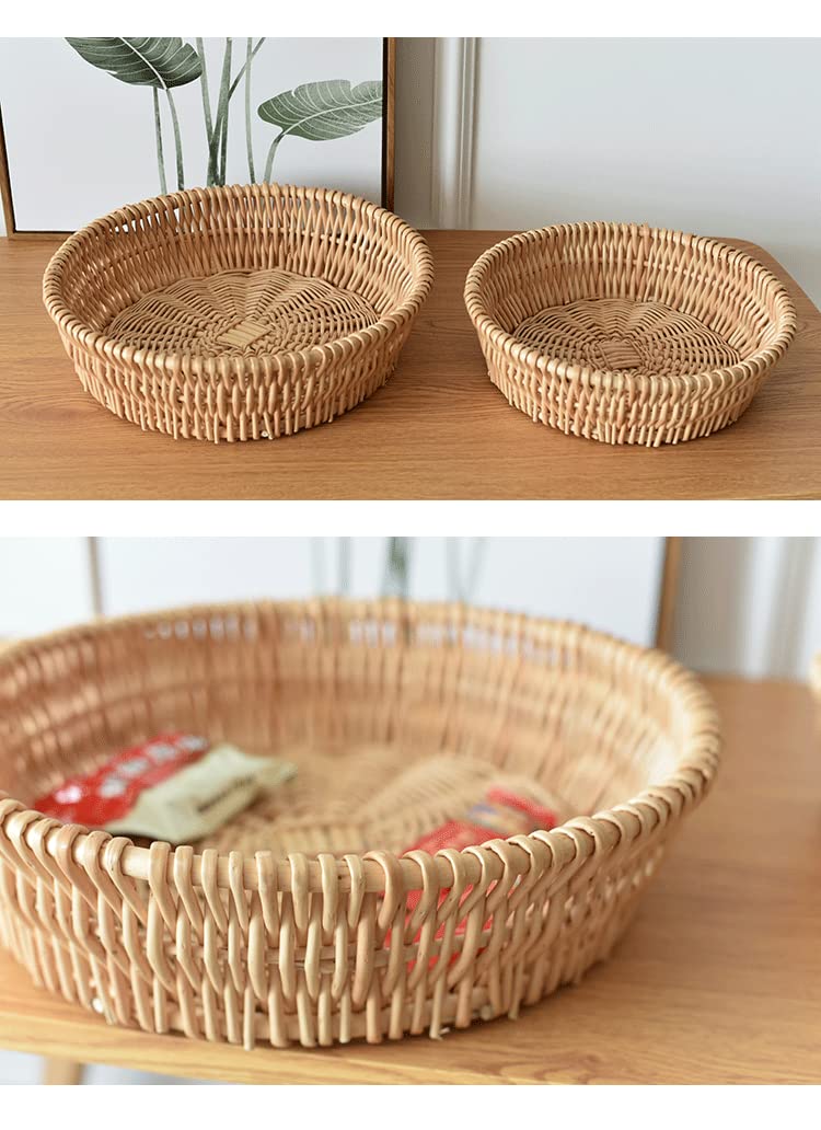 Healthy Fresh Rattan Basket 100% Natural Handwoven Deep Wicker Round Fruit Basket Woven Food Storage Weaved U Organizer Holder Bowl Decor Rack Display Small Flat Bottom Hollow Weaving (Small)