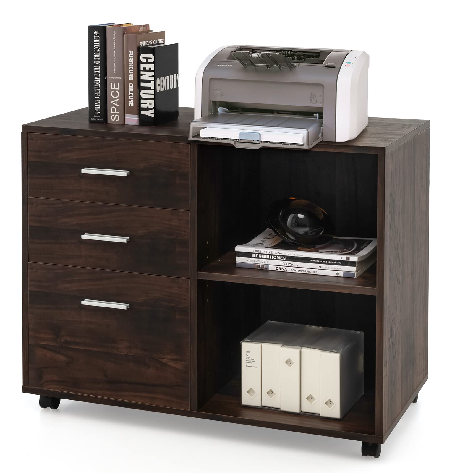 Giantex 3-Drawer Lateral File Cabinet - Mobile Rolling Printer Stand with 2 Open Storage Shelves, Hanging Bar for Letter Size Files, Filing Cabinet Under Desk on Wheels for Home & Office Organization