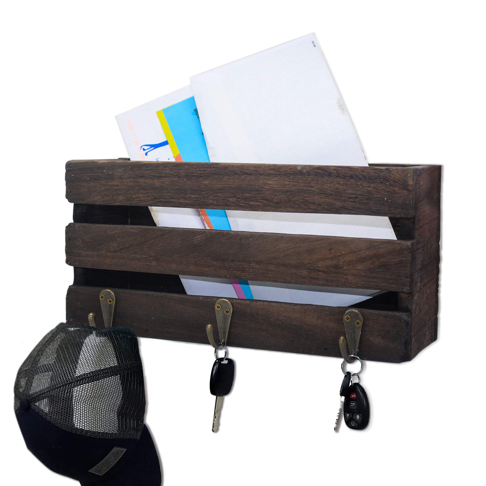Rustic Mail Holder Wall Mount ~ Key and Mail Organizer for Wall Decorative with 3 Key Hooks ~ Key Hanger for Wall, Entryway, Bathroom, Living Room, Kitchen (Brown)