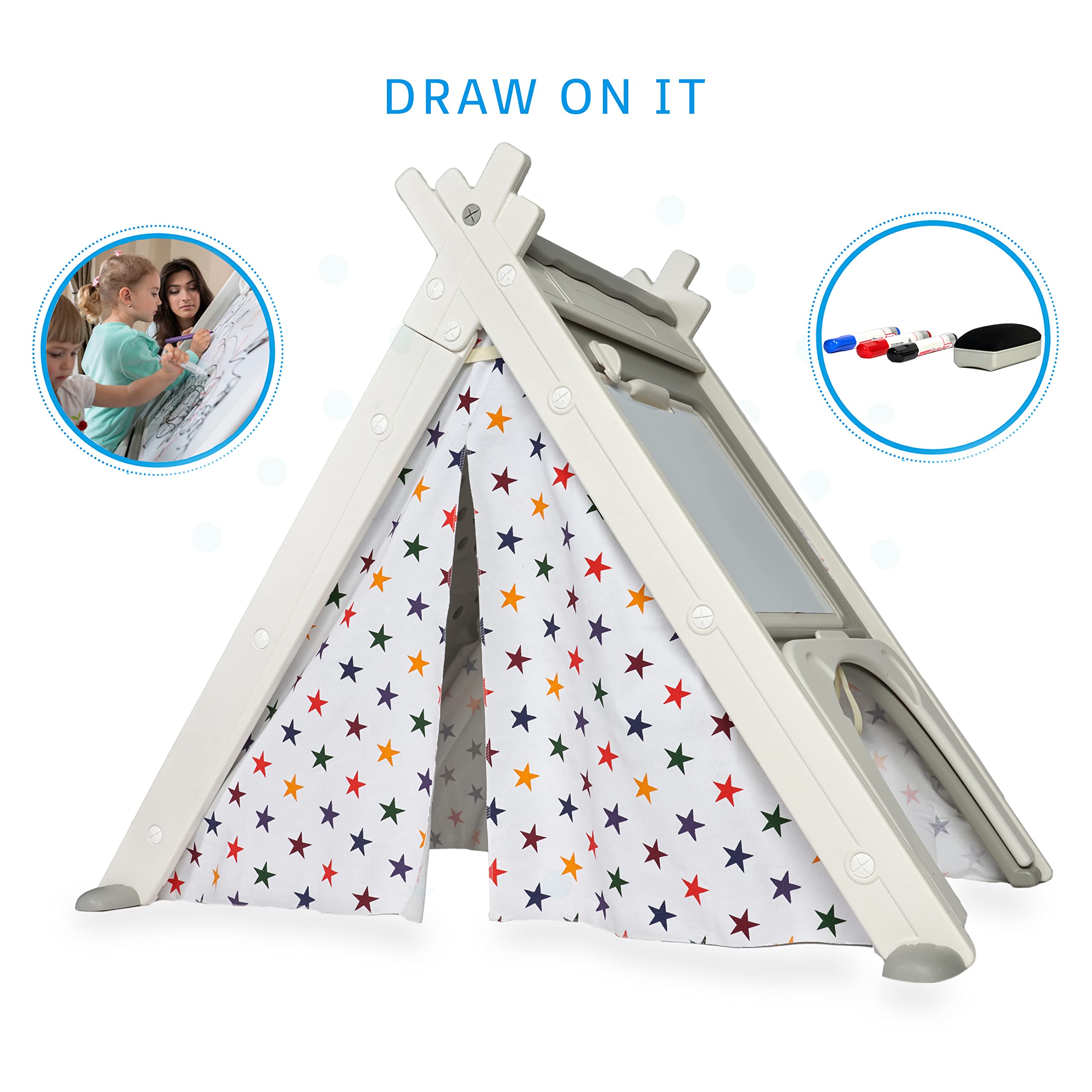 Foldable Kids Play House with Tent,4 in 1 Kids Tent Indoor Playground with Climber- Drawing Board - Tent for kids Indoor-Briks Baseplates Table - Smart Play Table -Indoor Play Tent Triangular
