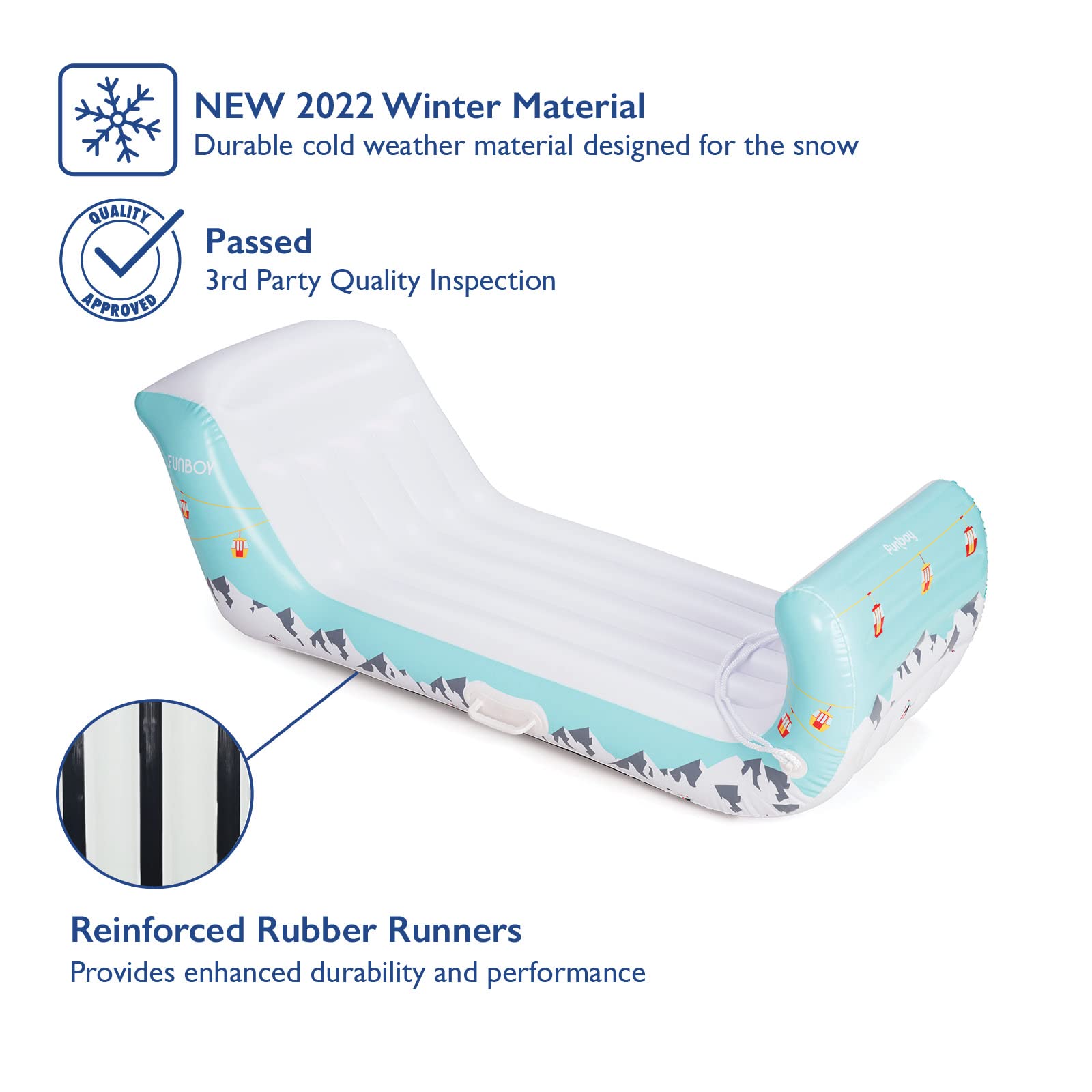 FUNBOY 2 Pack, 61" Inflatable Alpine Mountain Sleigh, 2 Person Capacity, with Grooved Rubber Base Tracks, 2 Handles, and Hand Pull Rope