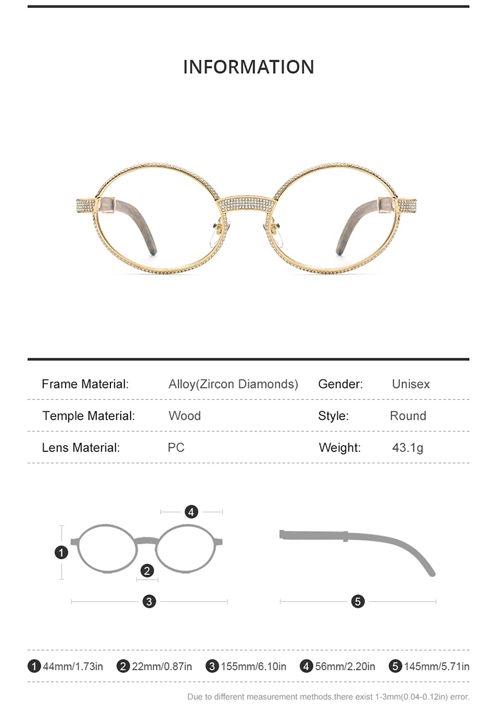 HEPIDEM 100% Really Buffalo Horn Handmade Glasses Frames Luxury 720pcs Diamonds Buffs Eyeglasses 7550179 (7550179 Wood Frame)