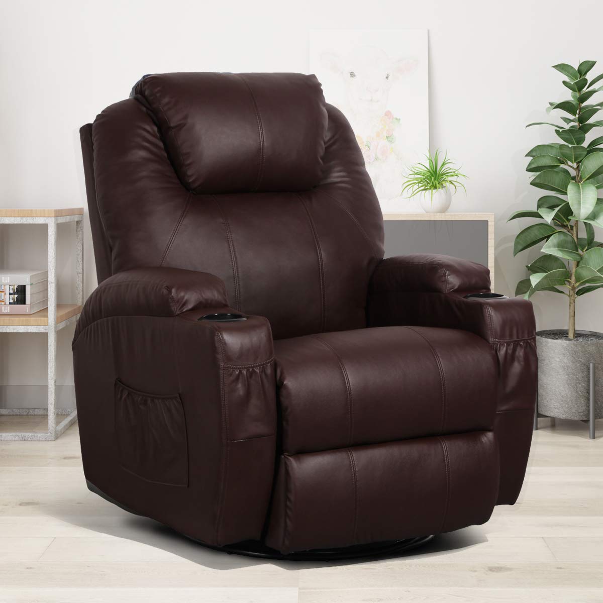 Esright Massage Recliner Chair Heated PU Leather Ergonomic Lounge 360 Degree Swivel, Brown