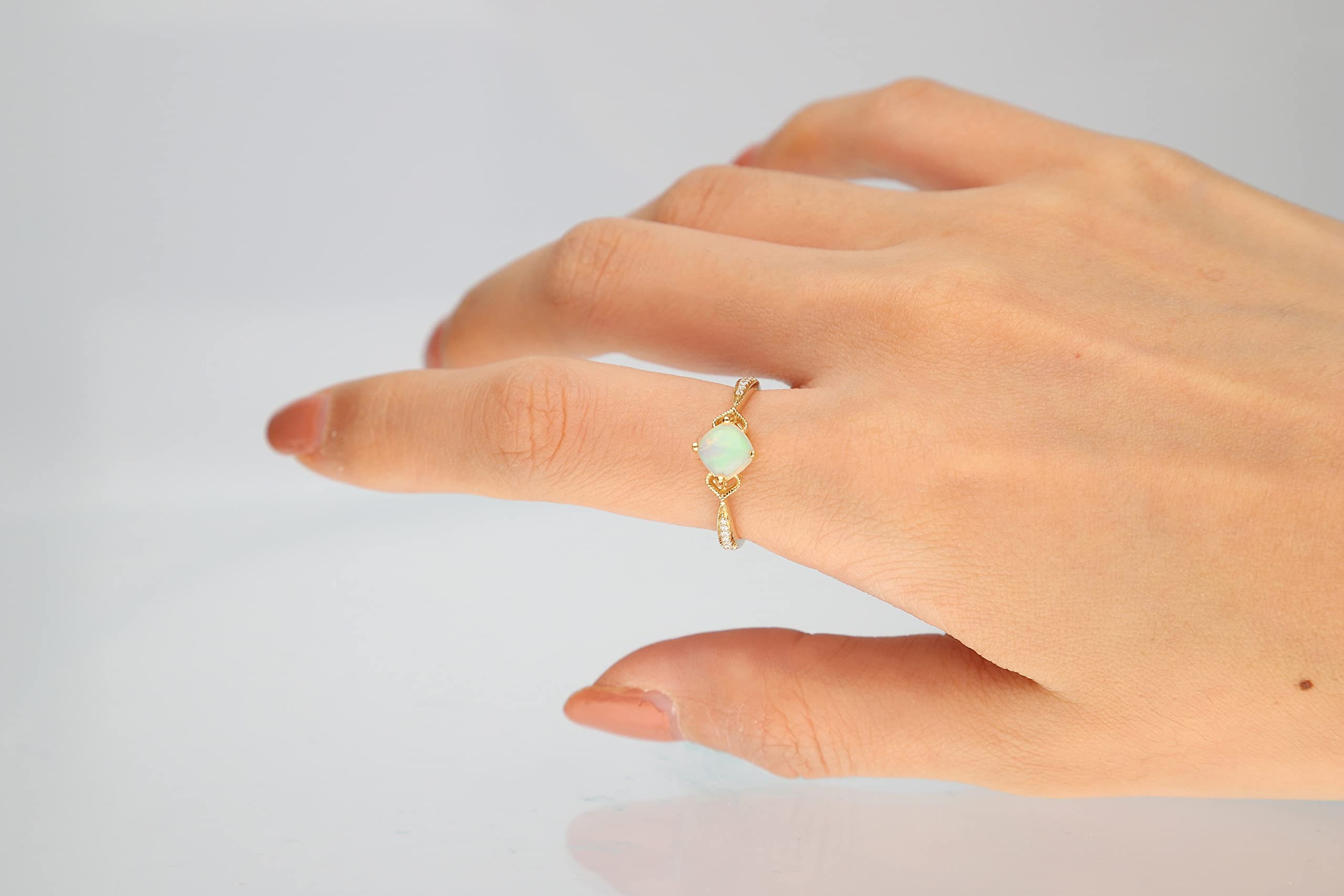 Gin & Grace 14K Yellow Gold Natural Ethiopian Opal Ring with Diamonds for women | Ethically, authentically & organically sourced (Cushion) shaped opal jewelry for her | Opal Ring for women