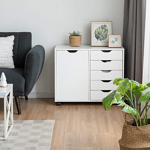 Giantex Drawers Cabinet Mobile Lateral Filing Organizer with 5 Drawers,1 Side Cabinet and Wheels Mobile Chest for Home Office Storage Use Dresser (31βx 15.5β x 25.5β, White)