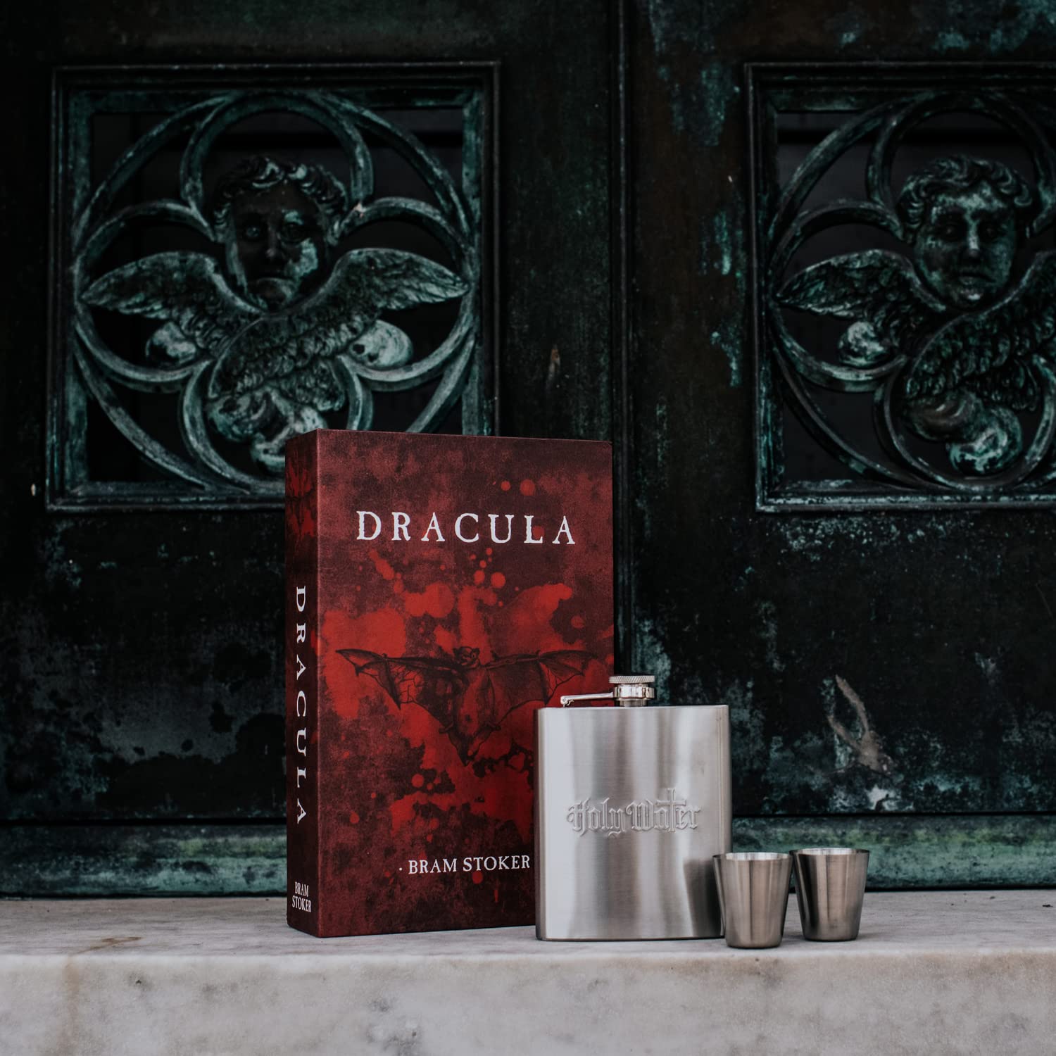 Funderstood Dracula Holy Water Hidden Barware Book Safe, Gothic Secret Liquor Flask with Two Stainless Steel Shot Glasses, Gothic Gift Set, Goth Decor - 2.25β X 6.125β X 9.5β