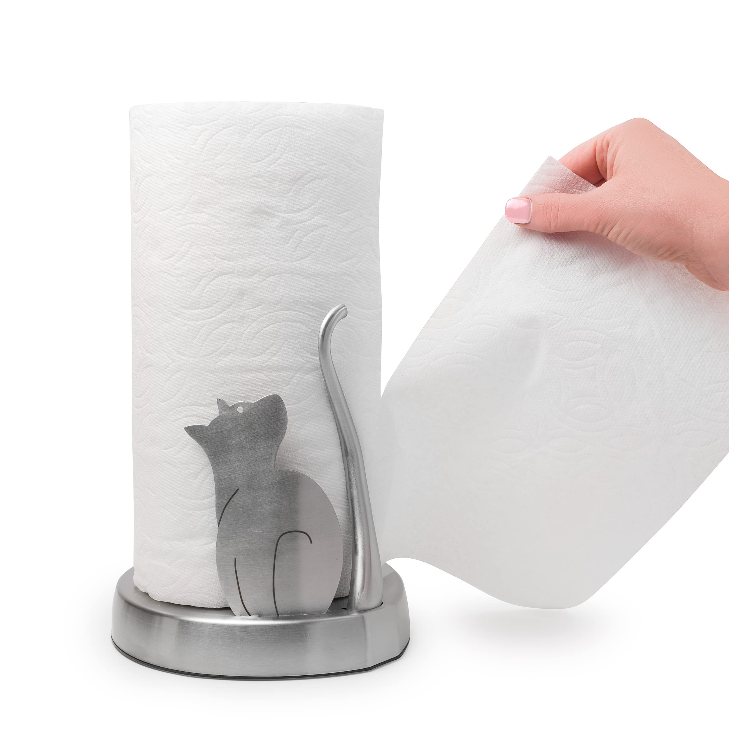 Everyday Solutions Meow Paper Towel Holder - Stainless Steel, Countertop Paper Towel Dispenser - with Tension-Spring for Single Handed Use - Featuring Cute Animal Tail Design - Great for Pet Lovers