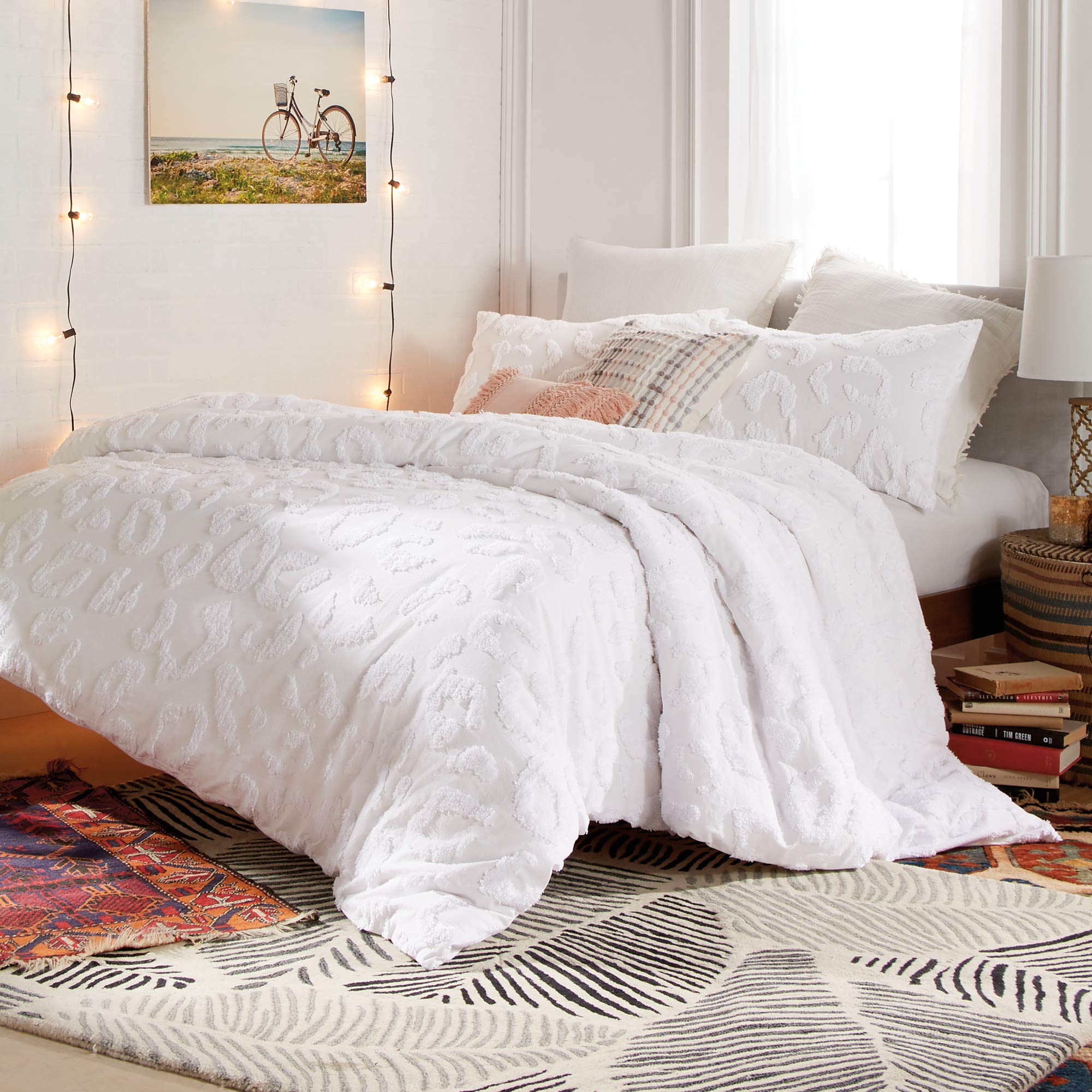 Peri Home Chenille Leopard 100% Cotton 3-Piece Duvet Cover & Sham Set, Full/Queen, White