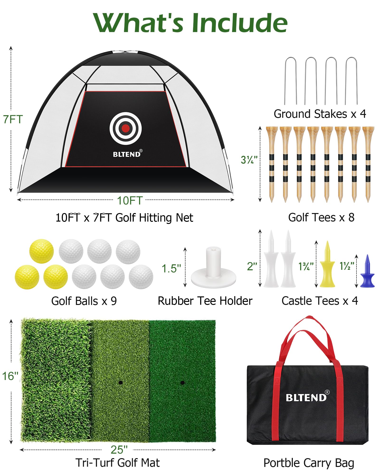 Golf Net - 10x7ft Golf Practice Nets for Backyard Driving with Golf Mat, 11 Golf Tees, 9 Golf Balls, Golf Hitting Training Net for Indoor Outdoor Use - Perfect Golf Training Equipment
