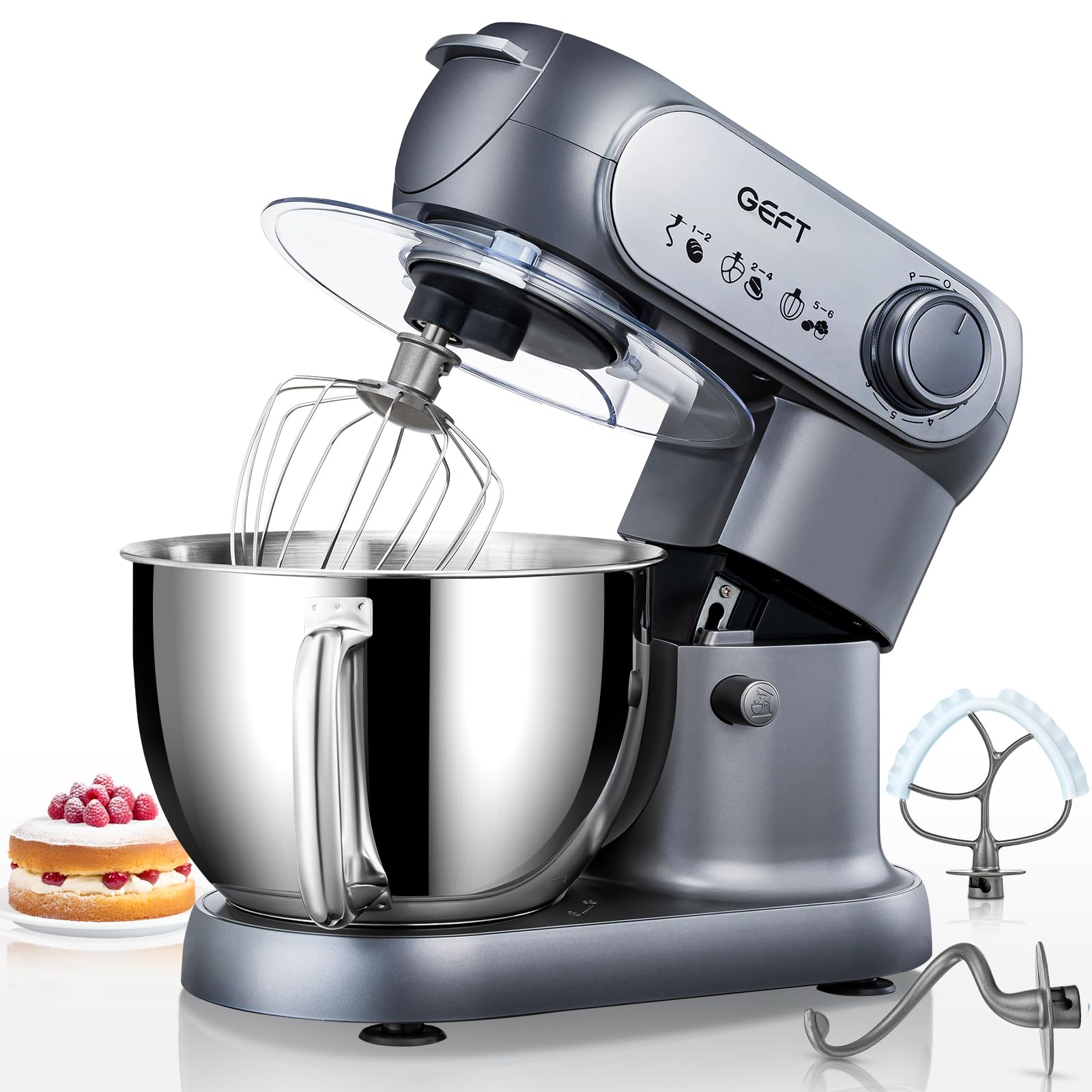 Stand Mixer, 6 QT 600W Tilt-Head Dough Mixer, 6+P speed Mixers Kitchen Electric Stand Mixer with Stainless Steel Bowl, Dishwasher-Safe Dough Hook, Flat Beater, Wire Whisk, Splash Guard, Grey