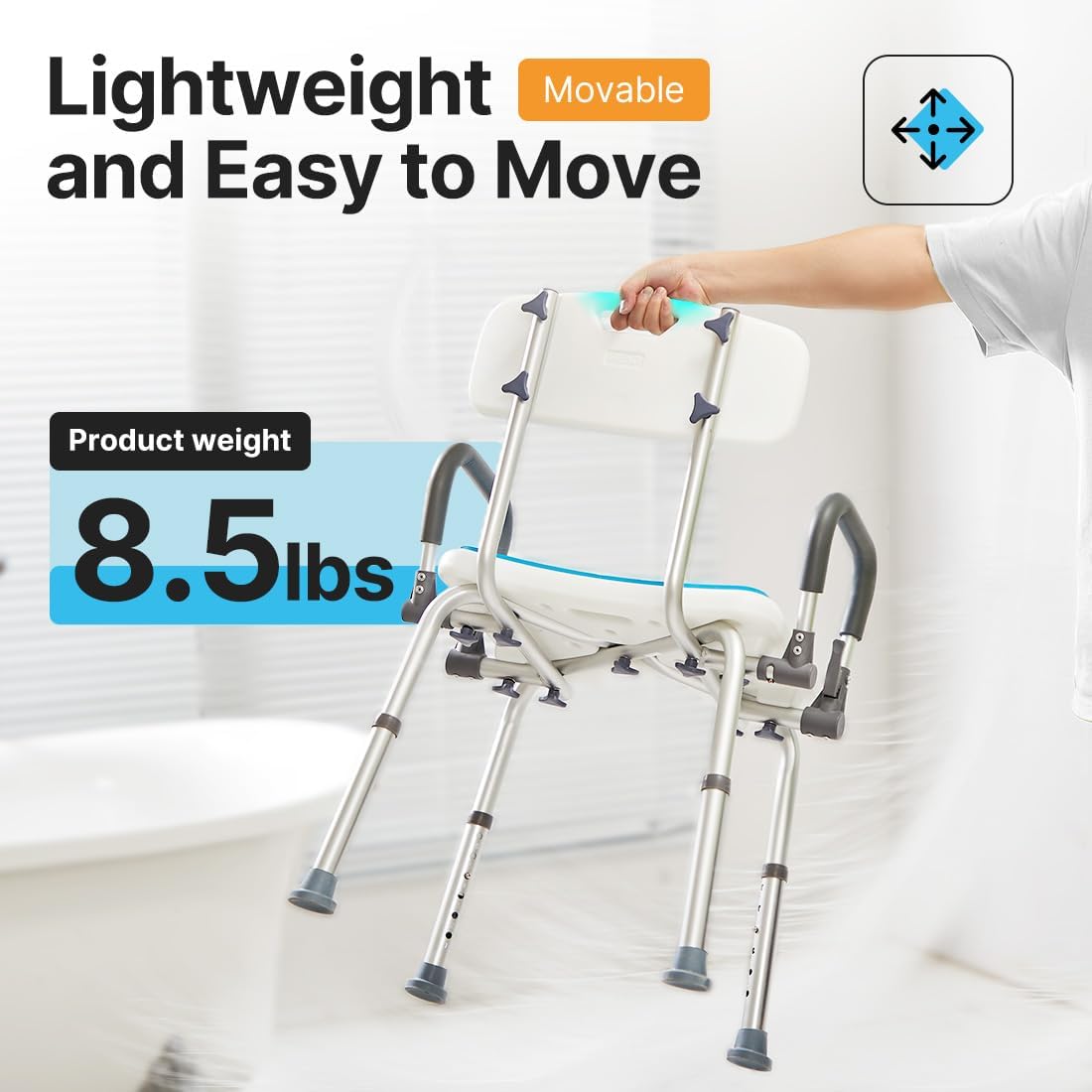 HEAO Shower Chair for Elderly Heavy Duty 400lbs, Cut Out Shower Seat with Drop Arms and Detachable Backrest, Handicap Bath Bench (4 Small Rubber Feet & 4 Big Suction Cups Replacement)