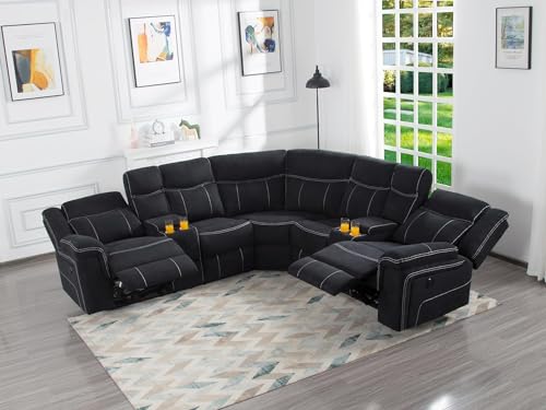 FANYE L-Shaped Power Motion Corner Sectional, Polyester Blend Upholstered 5 Seaters Recliner Sofa & Couch W/ 2 Console Storage, 4 Cup Holders for Living Room Home Theater Large Space, Gray