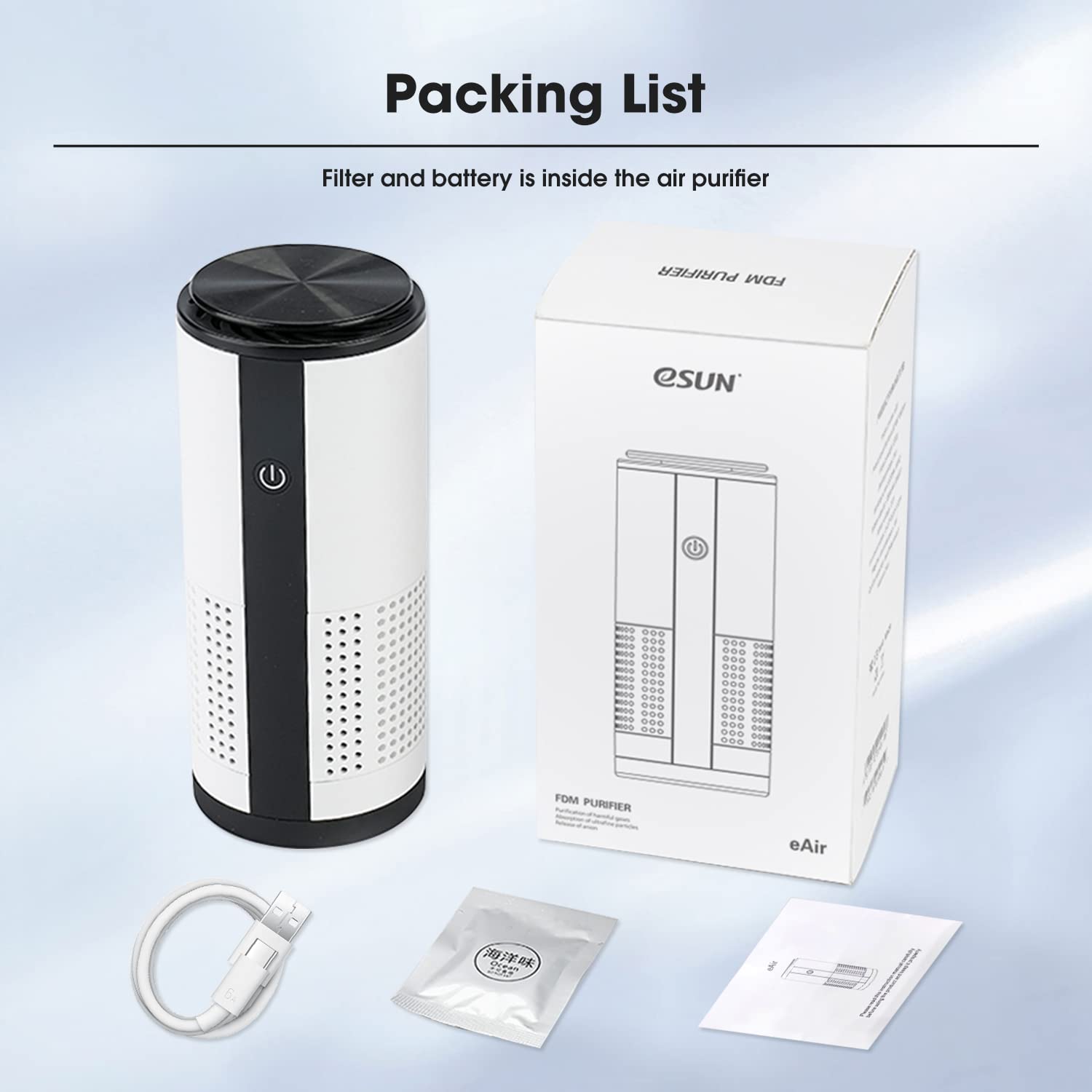 eSUN eAir Lightweight Mini Air Purifier with Activated Carbon Filter and 500W Negative Ion Purification, H12 Composite Filter, for FDM 3D Filament Printer