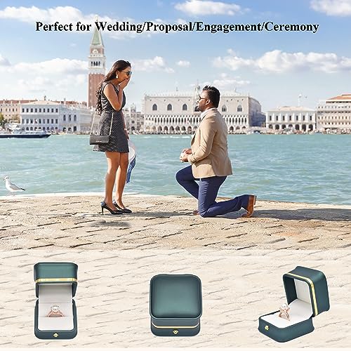 Eveynsh Wedding Engagement Ring Box Green and Red, Square Leather Velvet Jewelry Ring Bearer Box, Premium Gorgeous Vintage Single Slot Ring Box for Proposal, Ceremony, Anniversary, Gift