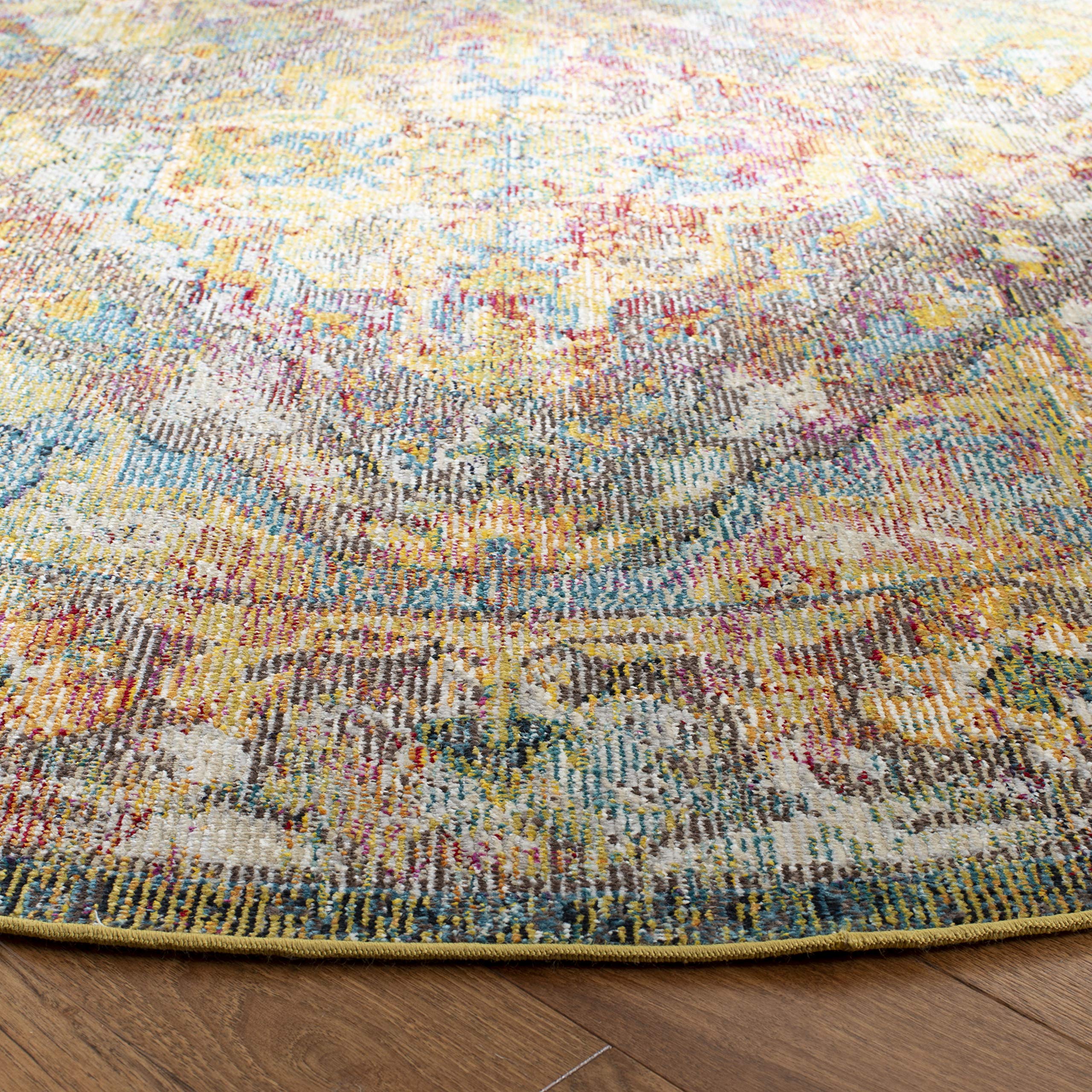 SAFAVIEH Crystal Collection Area Rug - 7' Round, Light Blue & Orange, Boho Chic Oriental Distressed Design, Non-Shedding & Easy Care, Ideal for High Traffic Areas in Living Room, Bedroom (CRS516A)