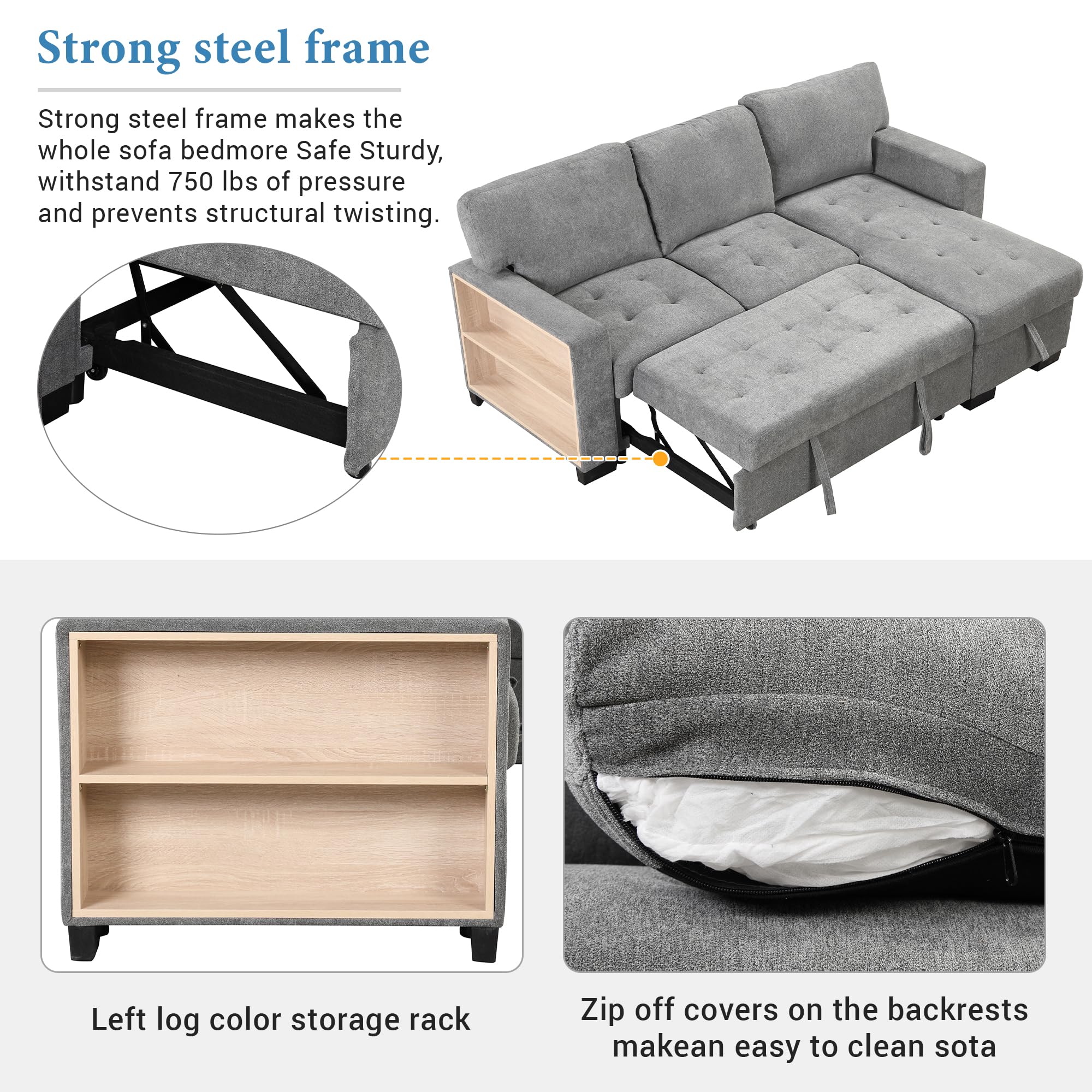 Polibi L-Shape Convertible Sofa with Storage Chaise, USB Charger, Cup Holders and Side Shelves, Velvet Multifunctional 3-Seat Couch, Pull-Out Sleeper Sofa Bed for Living Room, Bedroom, Grey