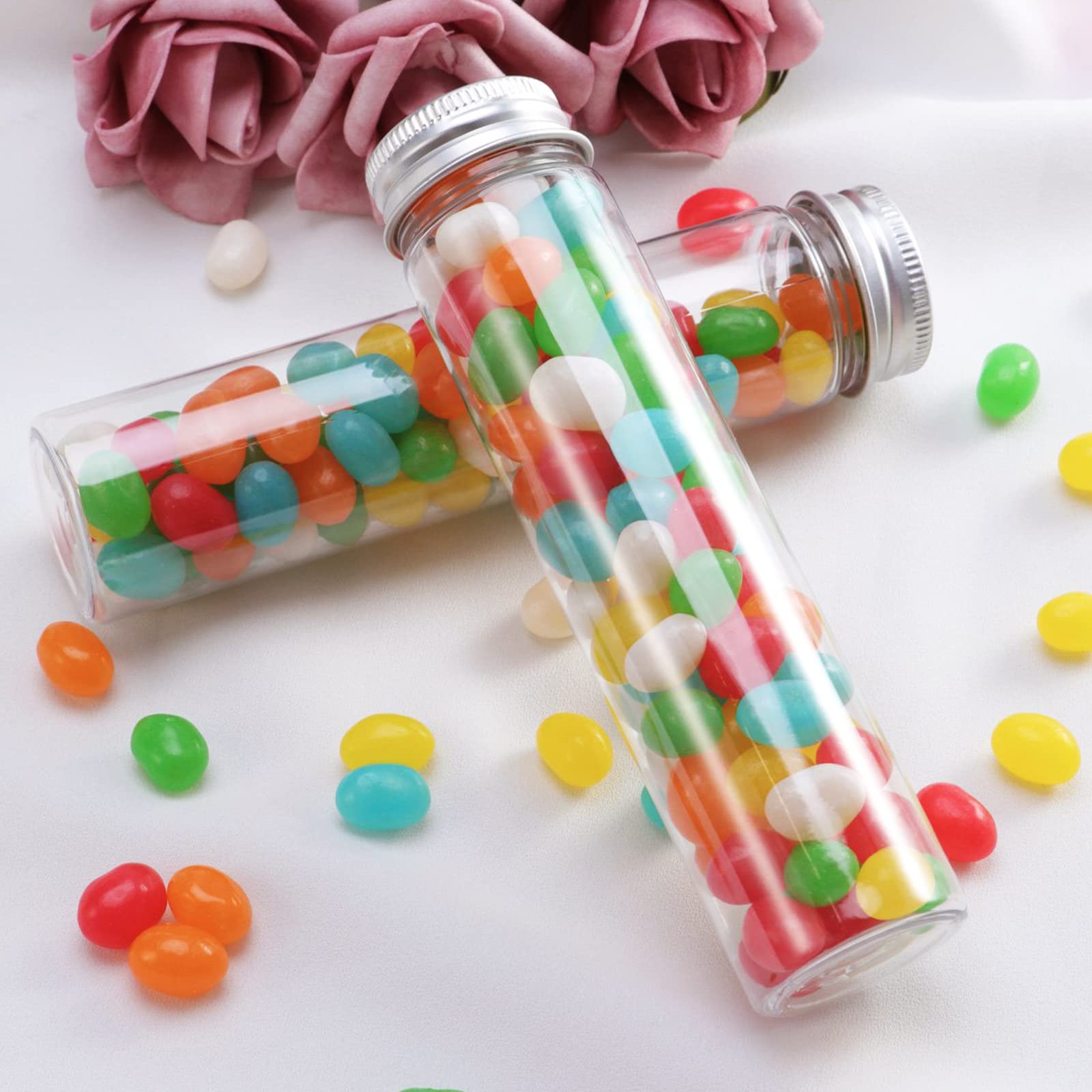 PINGEUI 40 Pack 140 x 30mm Plastic Test Tubes with Screw Caps, 110ml Test Tubes Clear Plastic Test Tubes for Bath Salt, Candy Containers for Parties, Wedding, Christmas, and Halloween