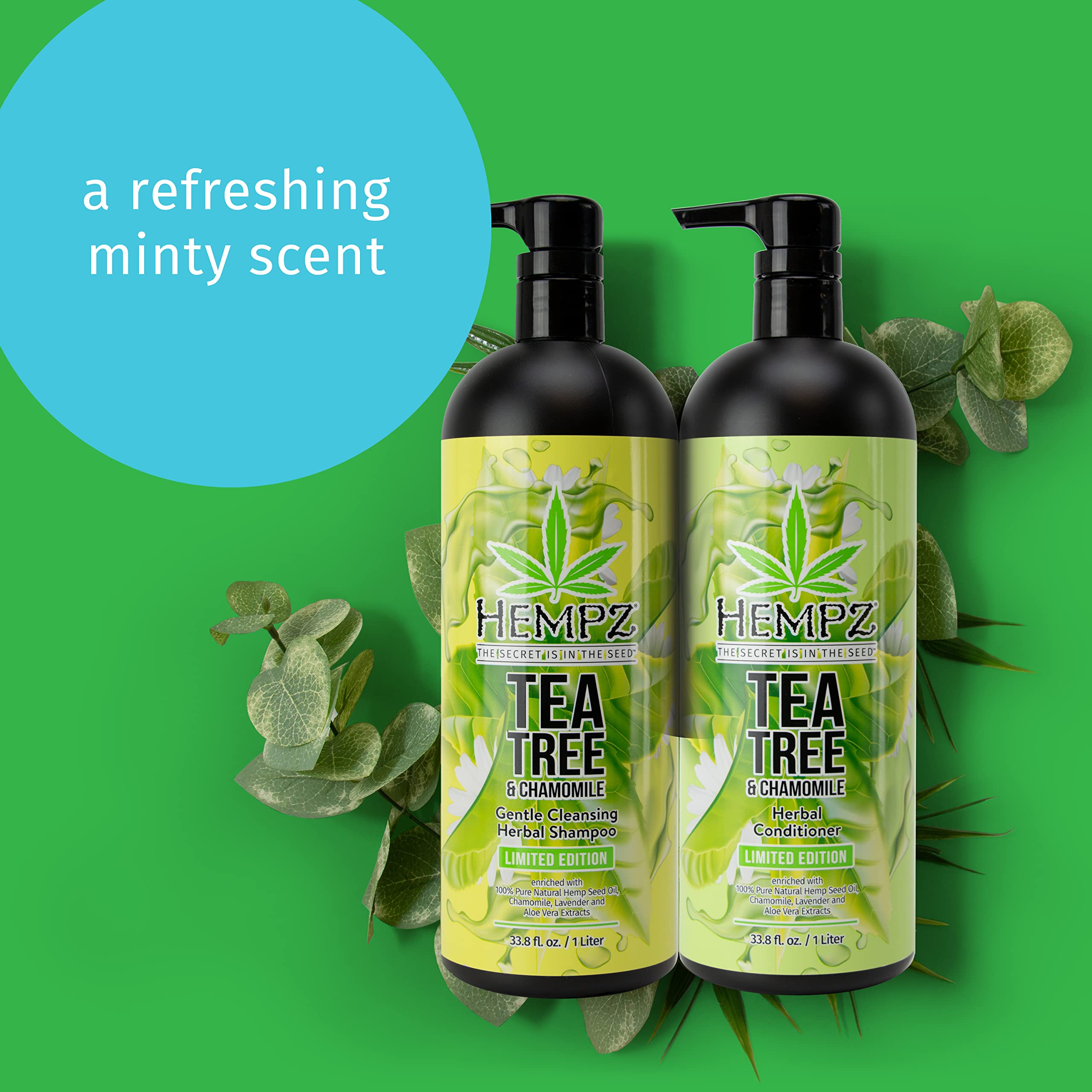 Hempz Tea Tree Shampoo and Conditioner Set, Gentle Cleansing Herbal Hair Care, Mint Scent, 33.8 ounces Duo