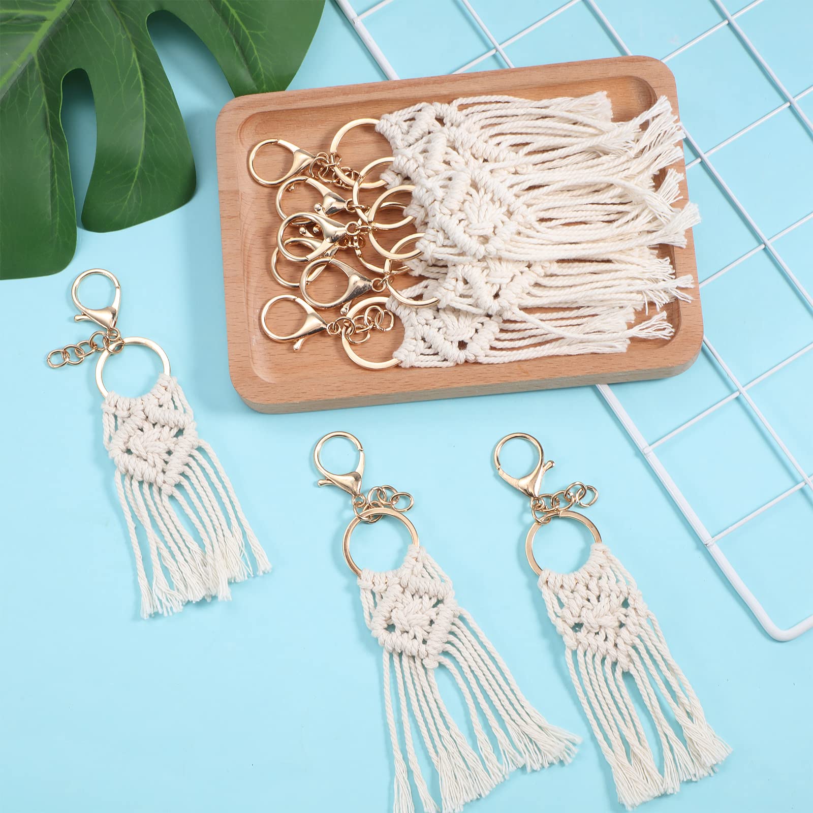 Herdear 12 Pieces Mini Macrame Keychains Boho Macrame Bag Charms Aesthetic Keychain Cute Handcrafted Keychain Bohemian Keychains for Women Bridesmaid Gift Car Key Purse Phone Supplies, Beige