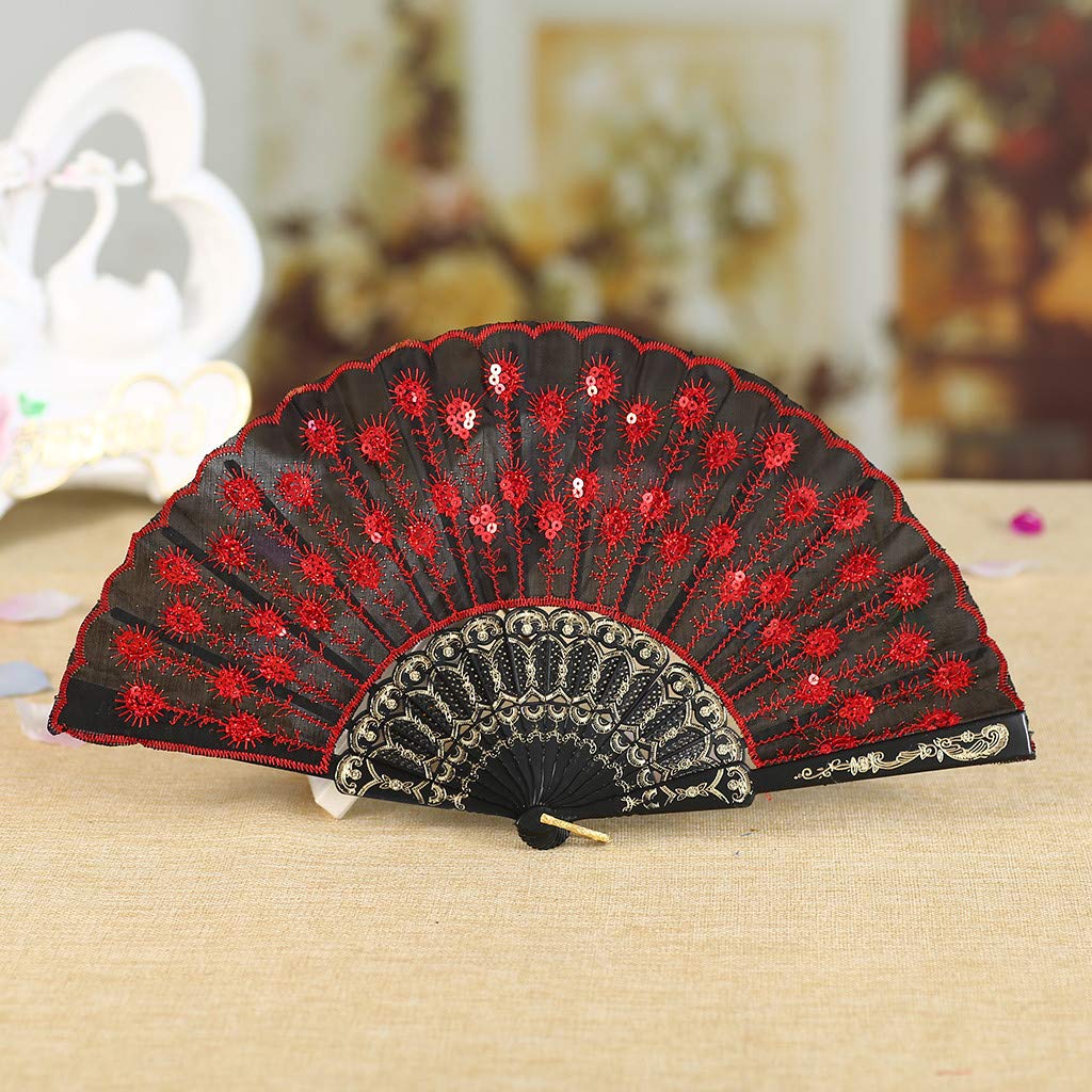 Folding Flower Hand Chinese Dance Wedding Silk Fan Style Lace Party Held Fans 6 Clip Fan Oscillating (Red-`, One Size)