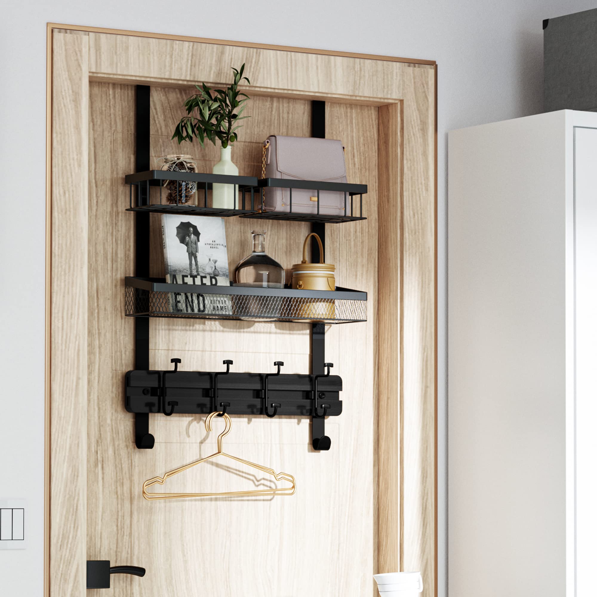 ETECHMART Over The Door Hooks Organizer, Door Hanger with 3 Mesh Baskets & Bamboo Coat Rack, Heavy Duty Towel Rack for Bathroom Kitchen Hanging Clothes Hats, Behind Back of Door Storage, Black