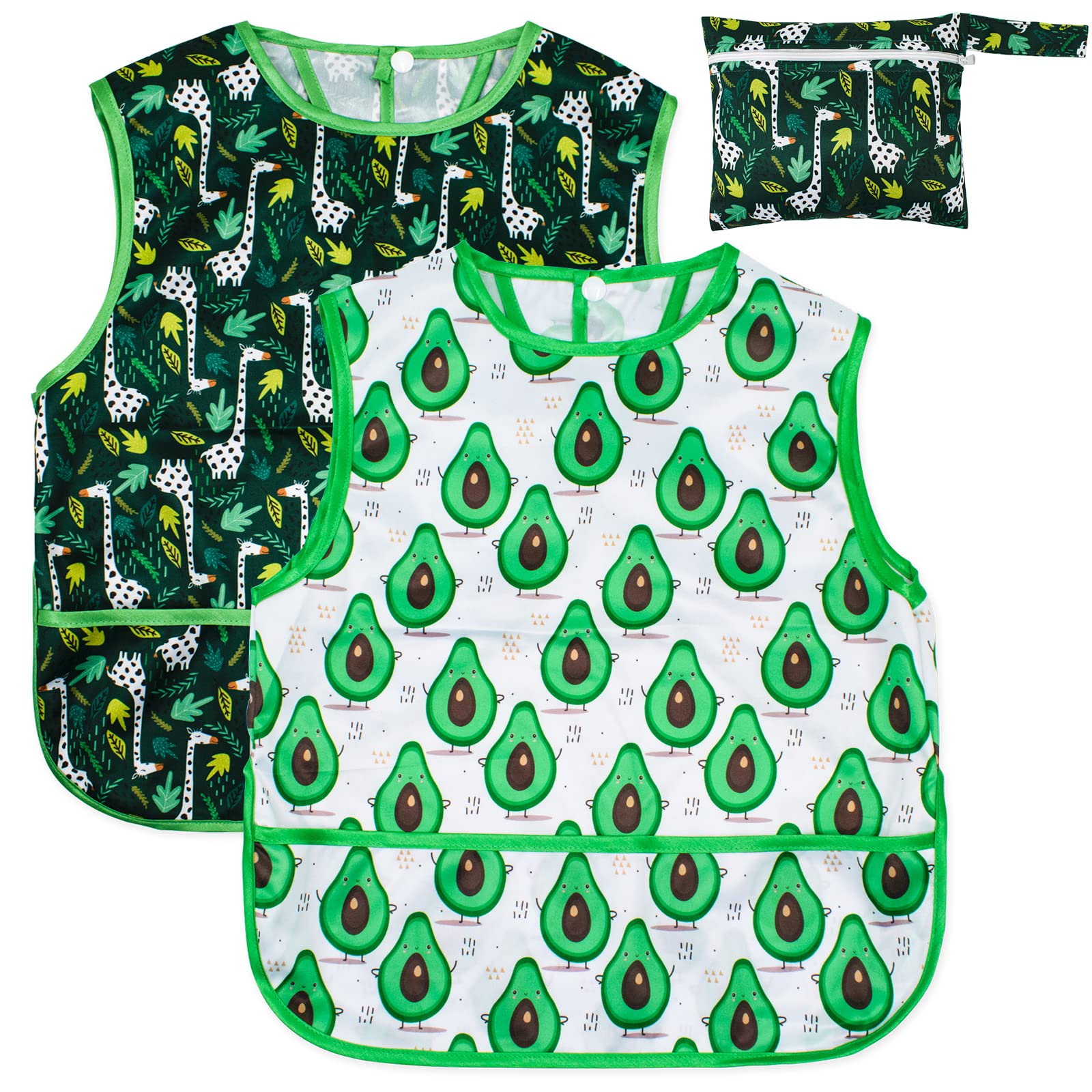 Mumsbest Waterproof Bib for Baby, 2 Pack Toddler Feeding Smock Bibs for Eating with Food Catcher & 1 Wet Bag (L：2-4Years, Green)