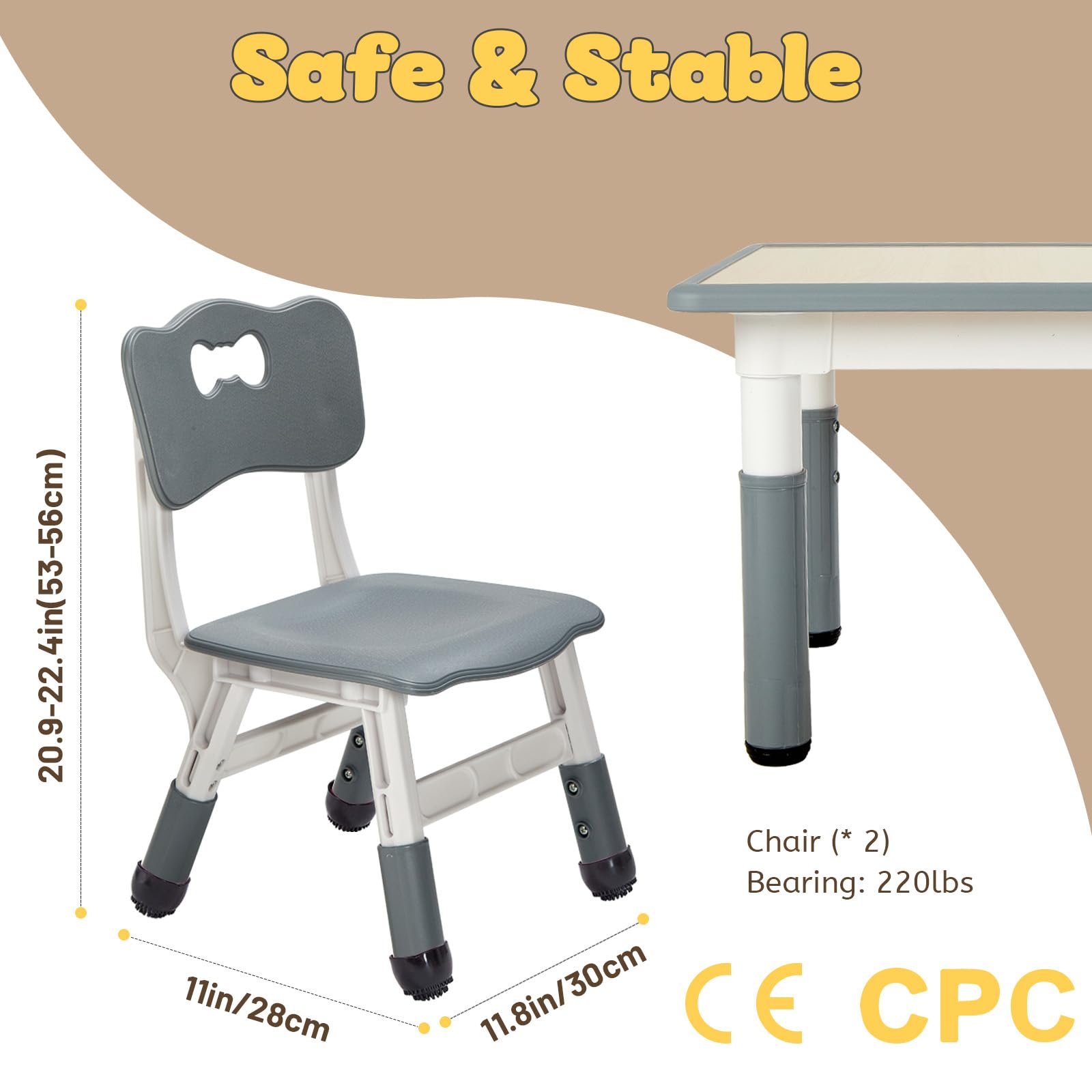FUNLIO Kids Table and 2 Chairs Set for Ages 3-8, Height Adjustable Toddler Table and Chair Set, Easy to Wipe Arts & Crafts Table, for Classrooms/Daycares/Homes, CPC & CE Approved (3pcs Set) β Grey