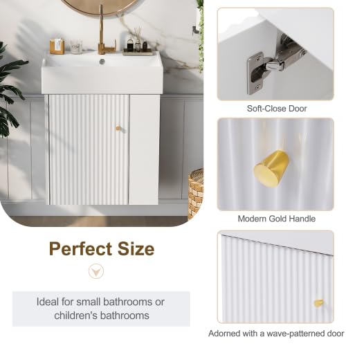 iLintek 21.6 Inch Modern Floating Bathroom Vanity with Ceramic Basin - Perfect for Small Bathrooms, Right Side Storage