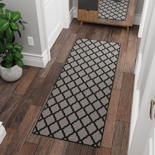 Machine Washable Moroccan Trellis Design Non-Slip Rubberback 2x5 Traditional Indoor Runner Rug for Hallway, Kitchen, Bedroom, Entryway, 20" x 59", Dark Gray