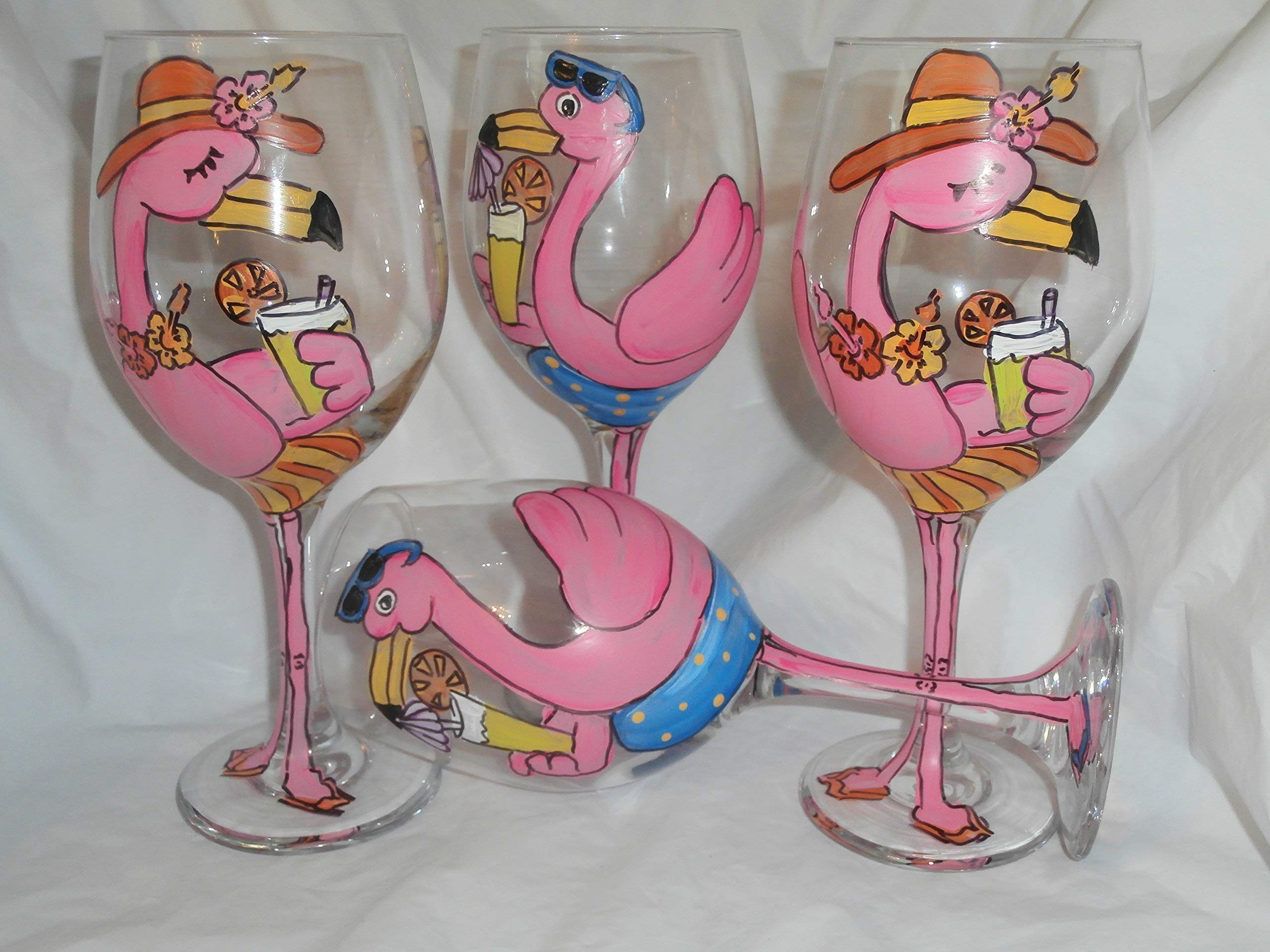 Hand painted beach Flamingos. Set of 4. 2 male and 2 female.