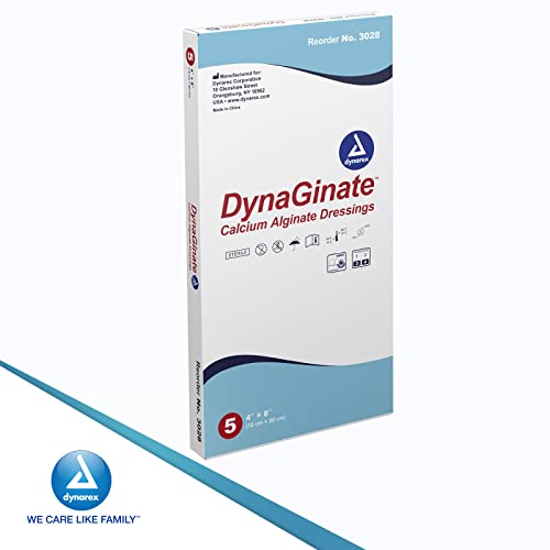Dynarex DynaGinate Calcium Alginate Wound Dressing - Sterile, Non-Stick Topical Wound Pads - Absorbent Gel Patches For Moderate To High Exuding Cuts - 4"x 8", Box of 5