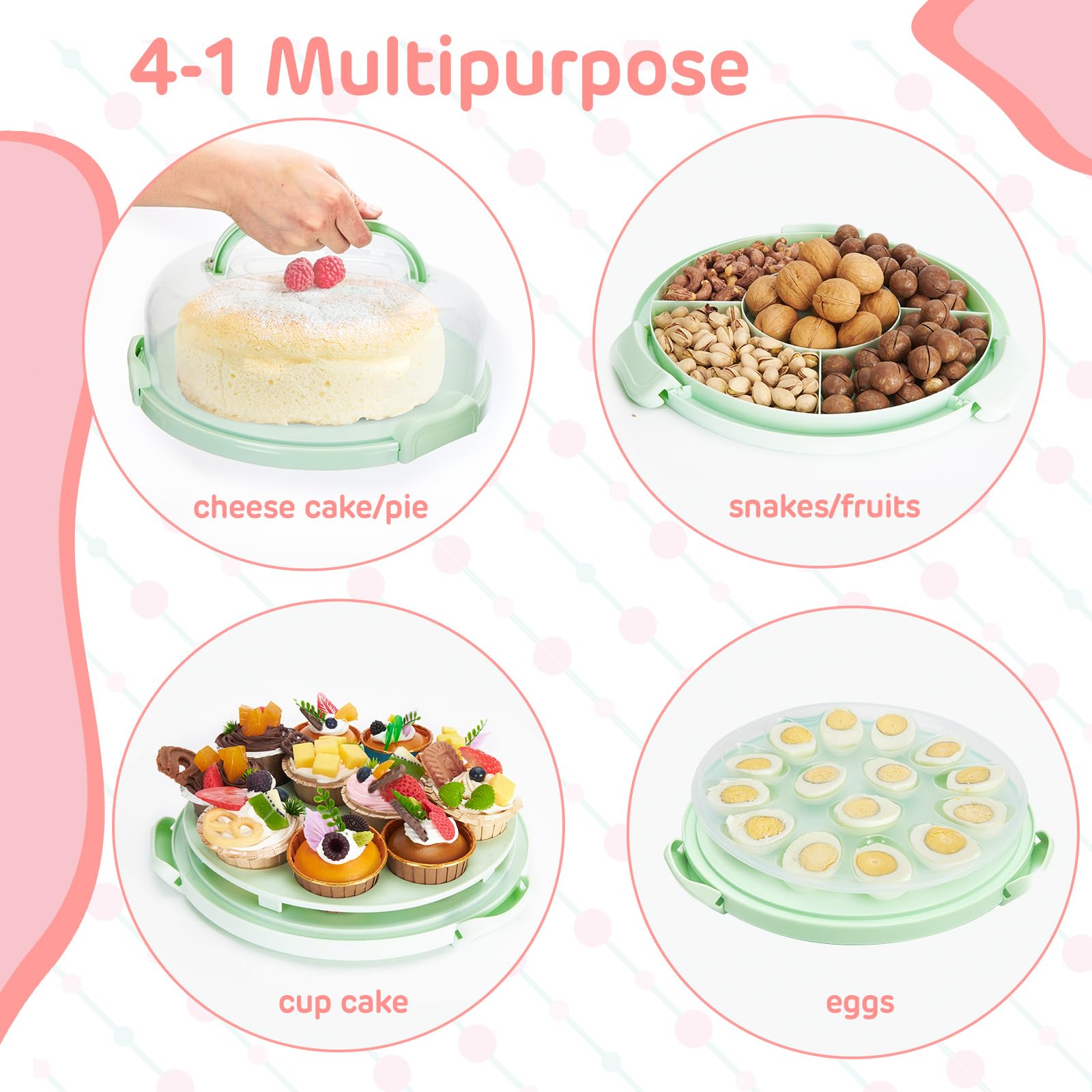 Ohuhu Cheesecake Container, Cake Pie Carrier BPA-Free up to 10'' Cake - Cupcake Containers with Lid and 2 Handles 4-in-1 Multipurpose Cake Keeper Holder Platter for Pie Devil Eggs Mothers Day Gifts