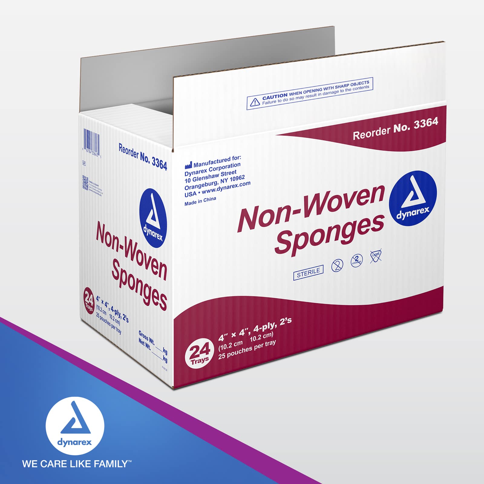 Dynarex Non-Woven Sponges, Sterile, Gauze Sponges, Highly-Absorbent and with Less Linting, 4"x 4", 4 Ply, 1 Case of 600 (24 Boxes of 25)