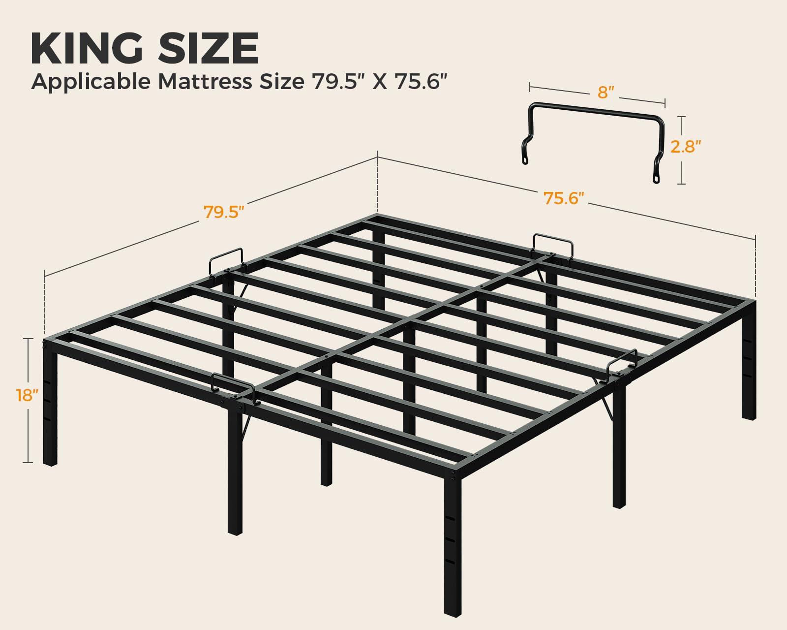 KKL King Size Bed Frame, 18 Inch Heavy Duty Steel Platform with Mattress Anti-Slip Rods, Bed Frame with Underneath Storage Space, No Box Spring Needed, Easy Assembly, Black
