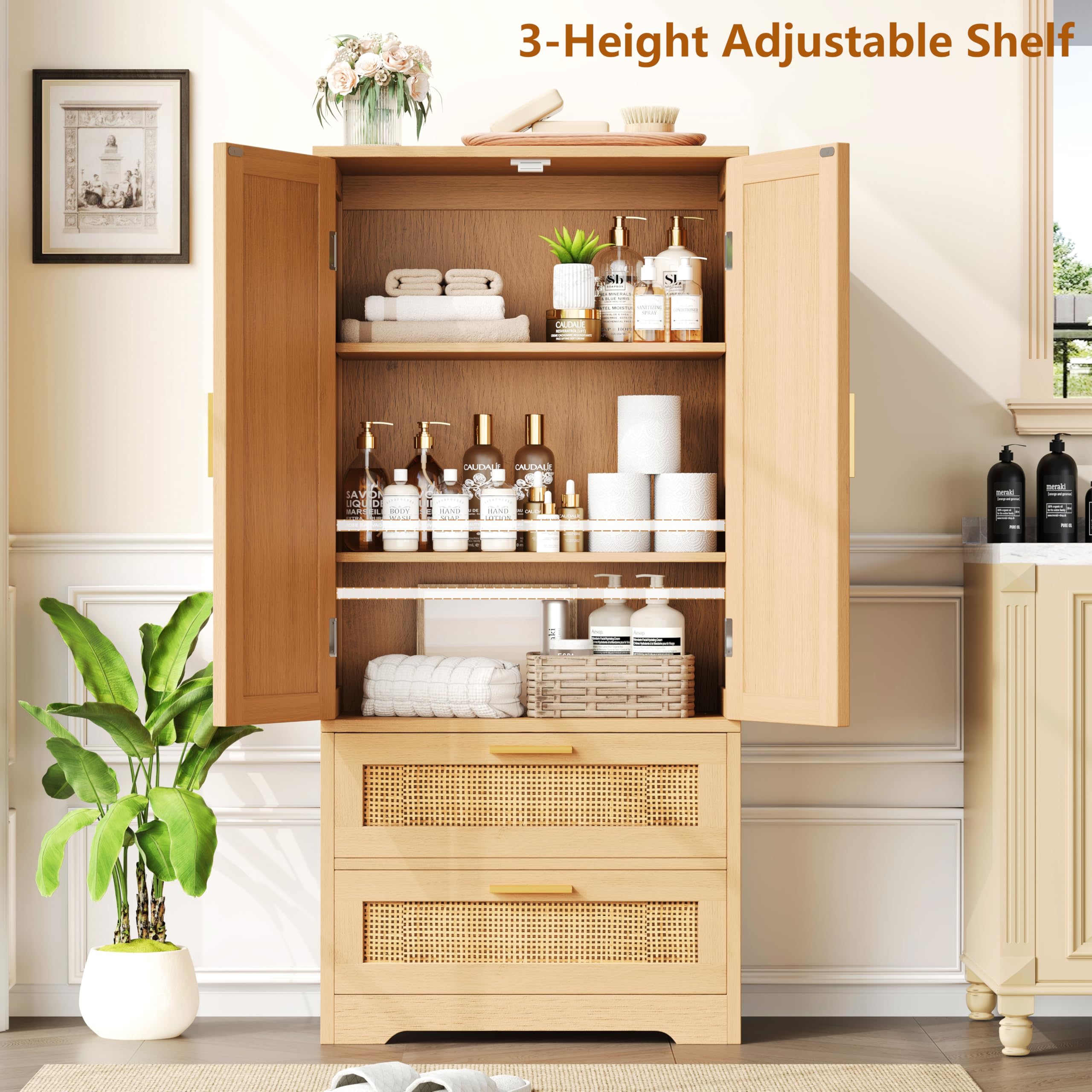 Keehusux 50.4" H Bathroom Storage Cabinet, Modern Floor Cabinet with Adjustable Shelf, Small Pantry with 2 Doors & Drawers, Storage Cabinet for Bathroom, Living Room, Kitchen, Natural KES007MCWG