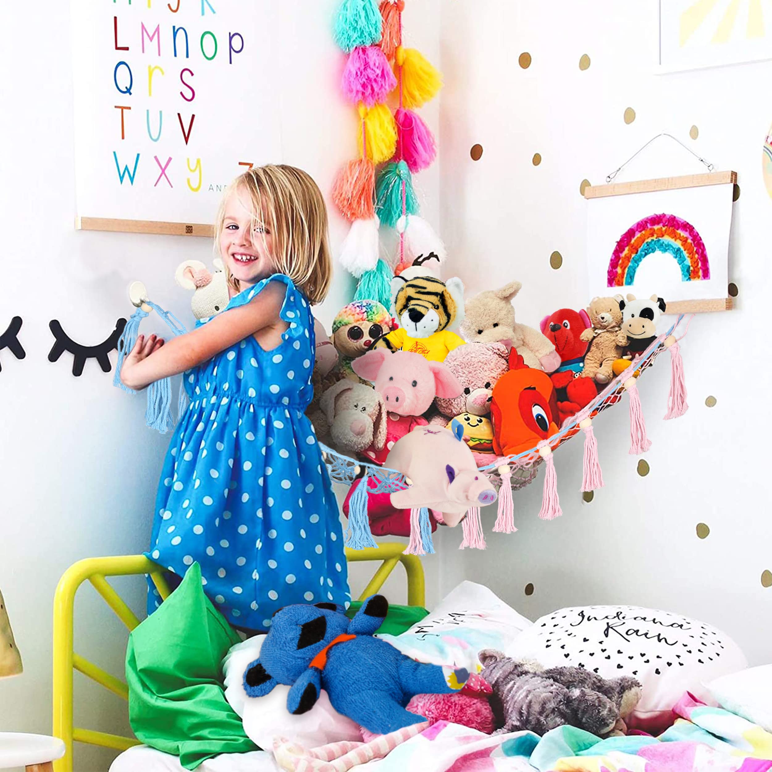 Yvqxvv Stuffed Animal Toy Hammock - Corner Hammock Organizer Display Holder Net Storage Rack Hanging Toys for Boho Kids Girls Bedroom Play Room Decor(Pink&Blue)