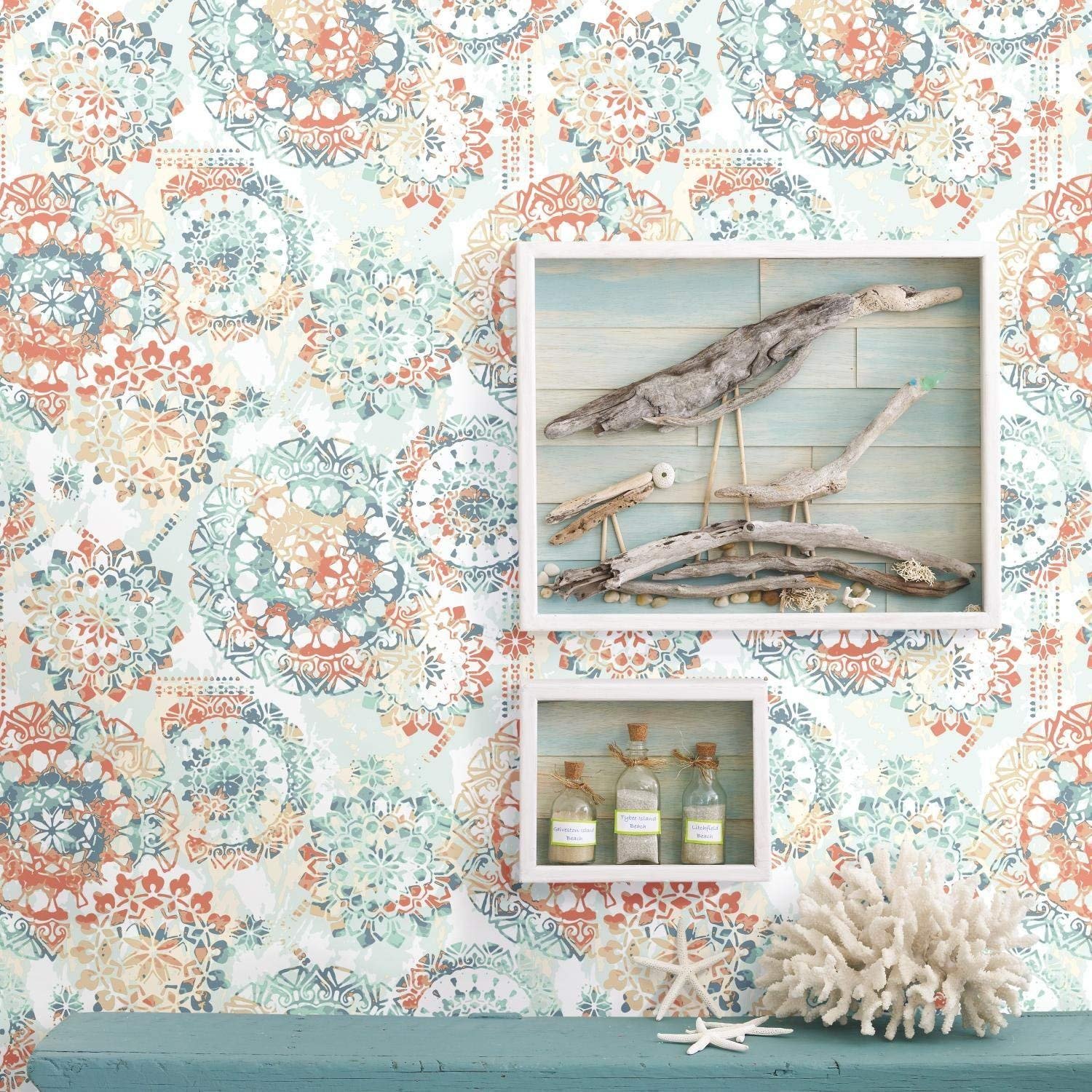 RoomMates RMK9126WP Orange and Blue Boho Medallion Peel and Stick Wallpaper, Coral, 20.5" x 16.5 feet