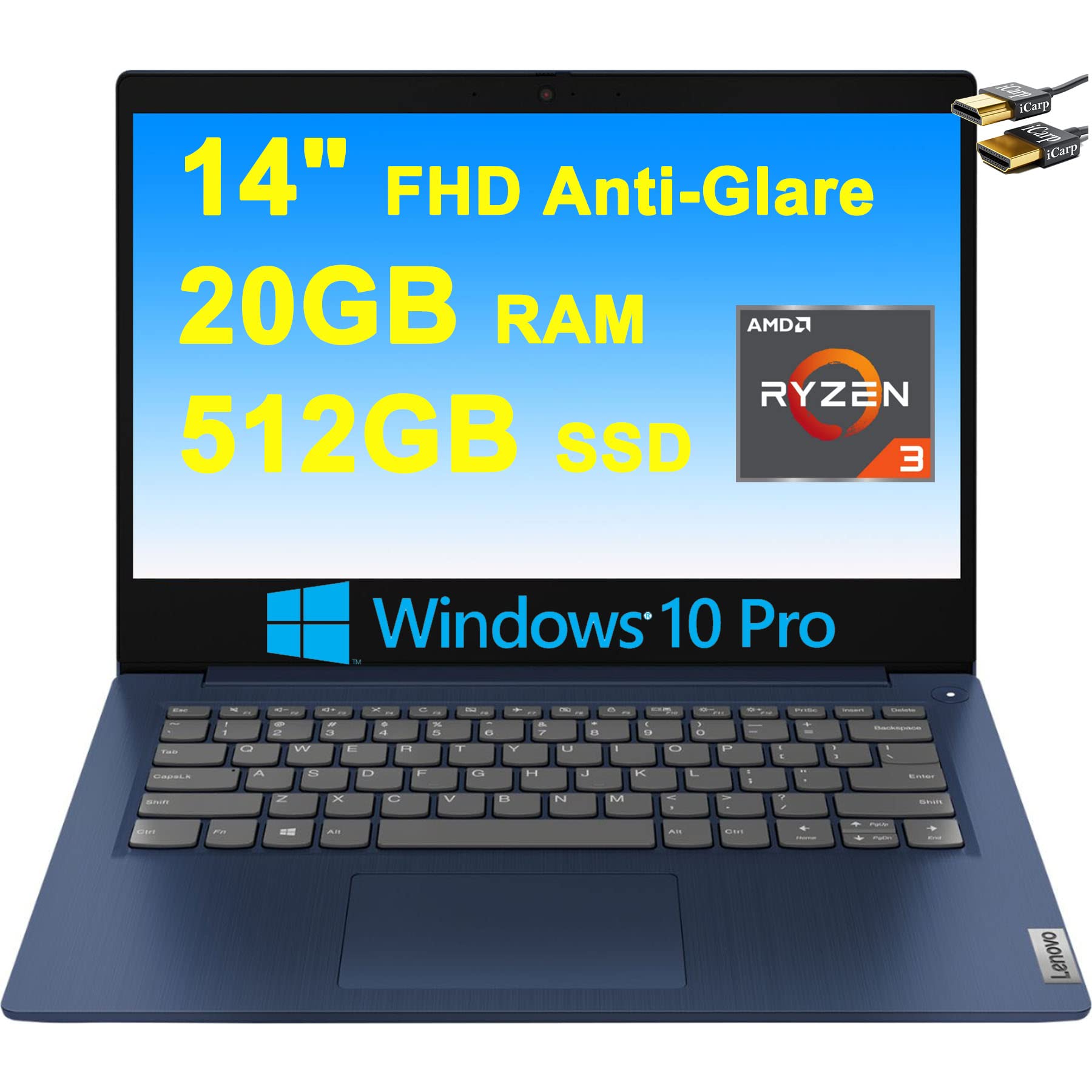 Lenovo IdeaPad 3 14 Business Laptop Computer 14" Full HD Anti-Glare Display AMD Ryzen 3 3250U Processor 20GB DDR4 512GB SSD AMD Radeon Graphics Dolby Webcam Win10Pro Abyss Blue + HDMI Cable