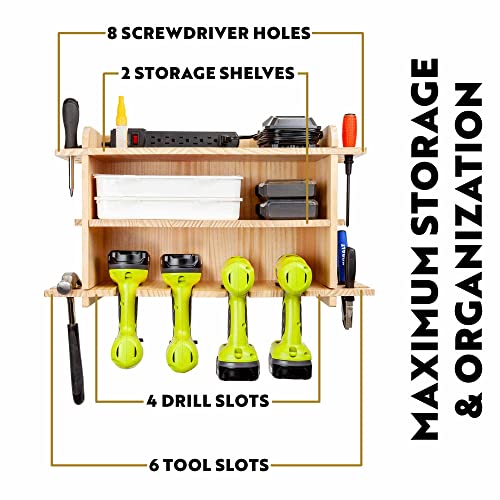 LampLighter Creations Power Tool Organizer & Drill Storage Rack - Cordless Charging Station Tool Organizer - Drill Holder Wall Mount - Easy Assembly 16.75x13x7β (Unfinished Pine)